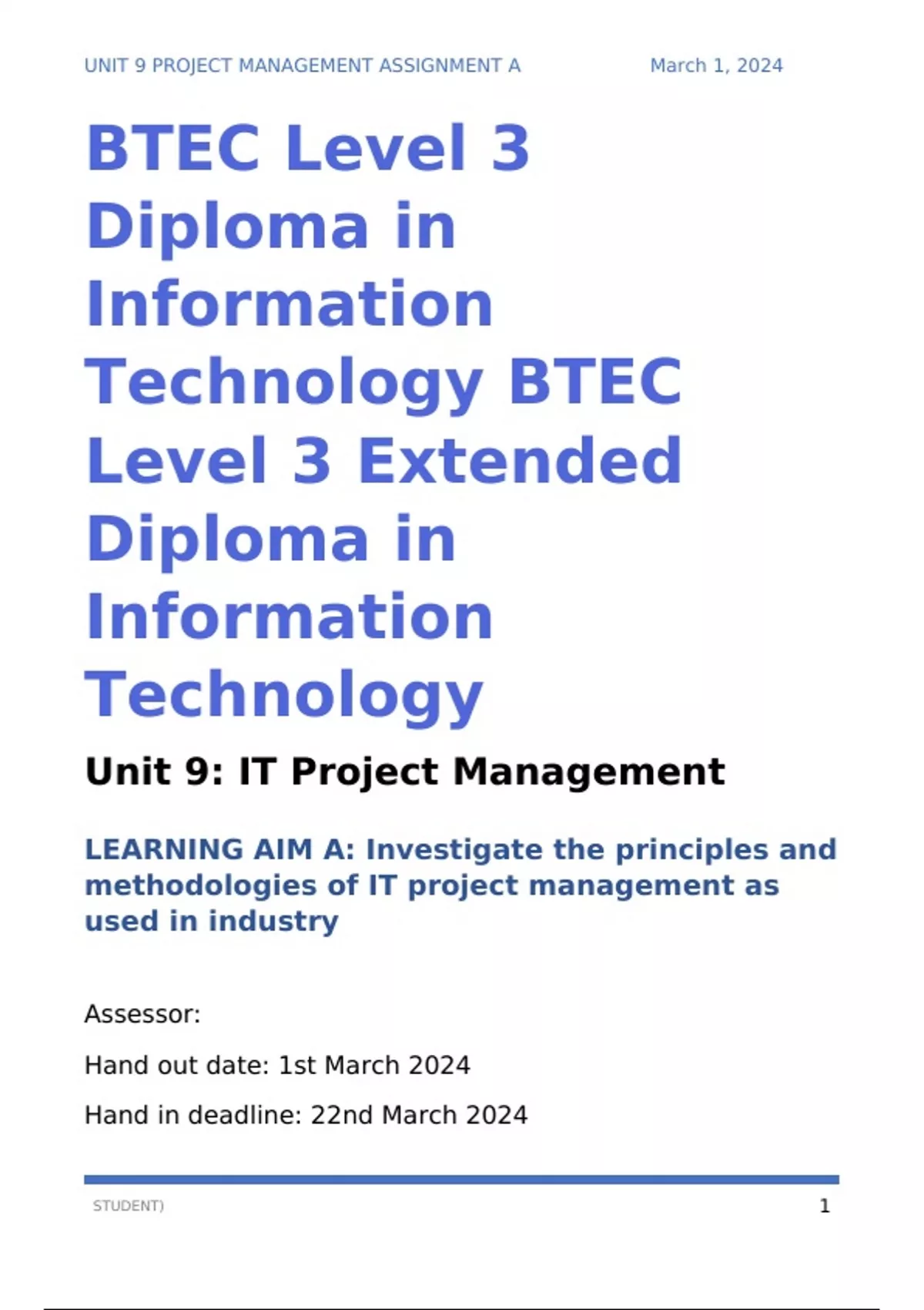 UNIT 9 project management package (distinction) - Stuvia UK