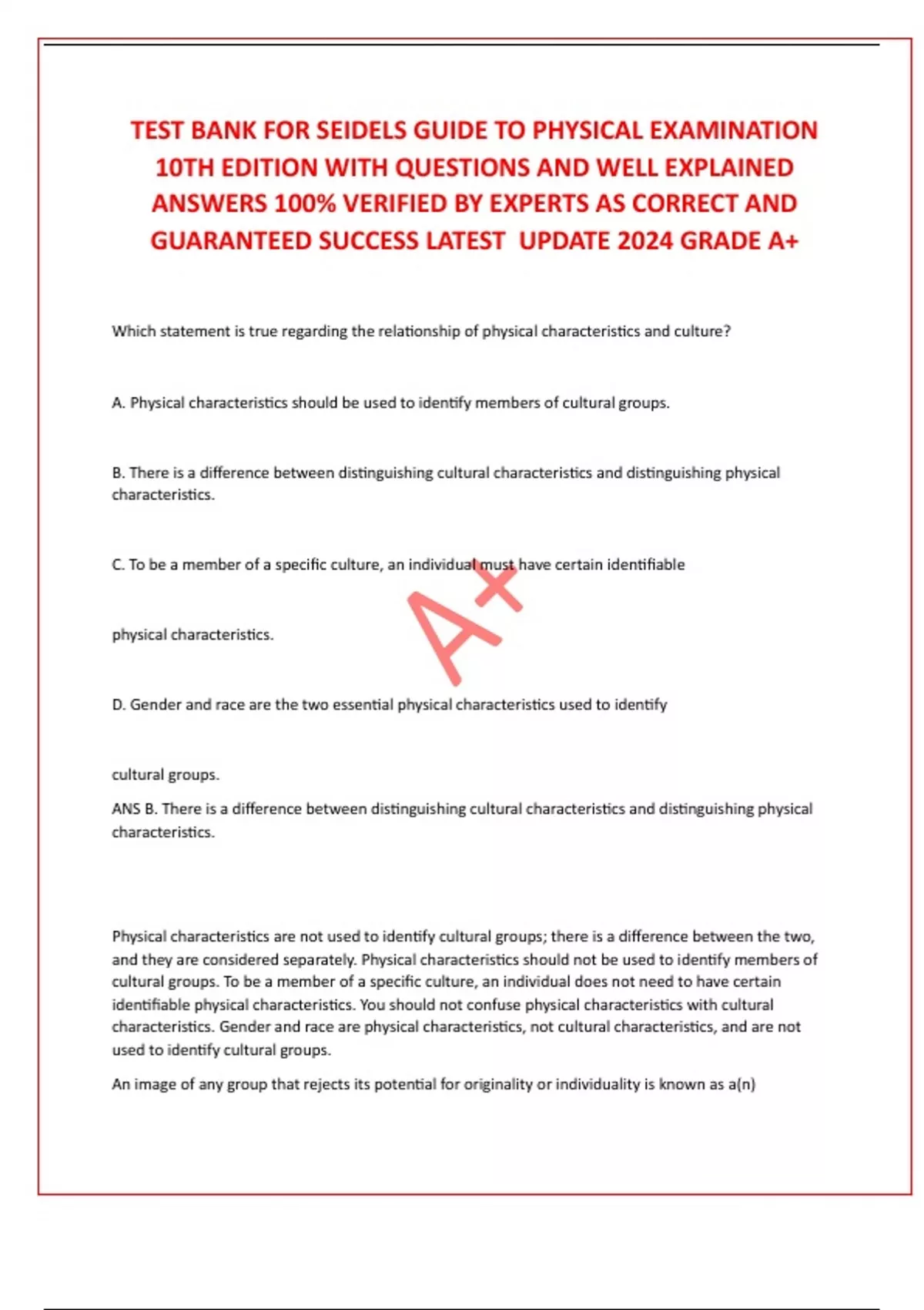 TEST BANK FOR SEIDELS GUIDE TO PHYSICAL EXAMINATION 10TH EDITION WITH ...