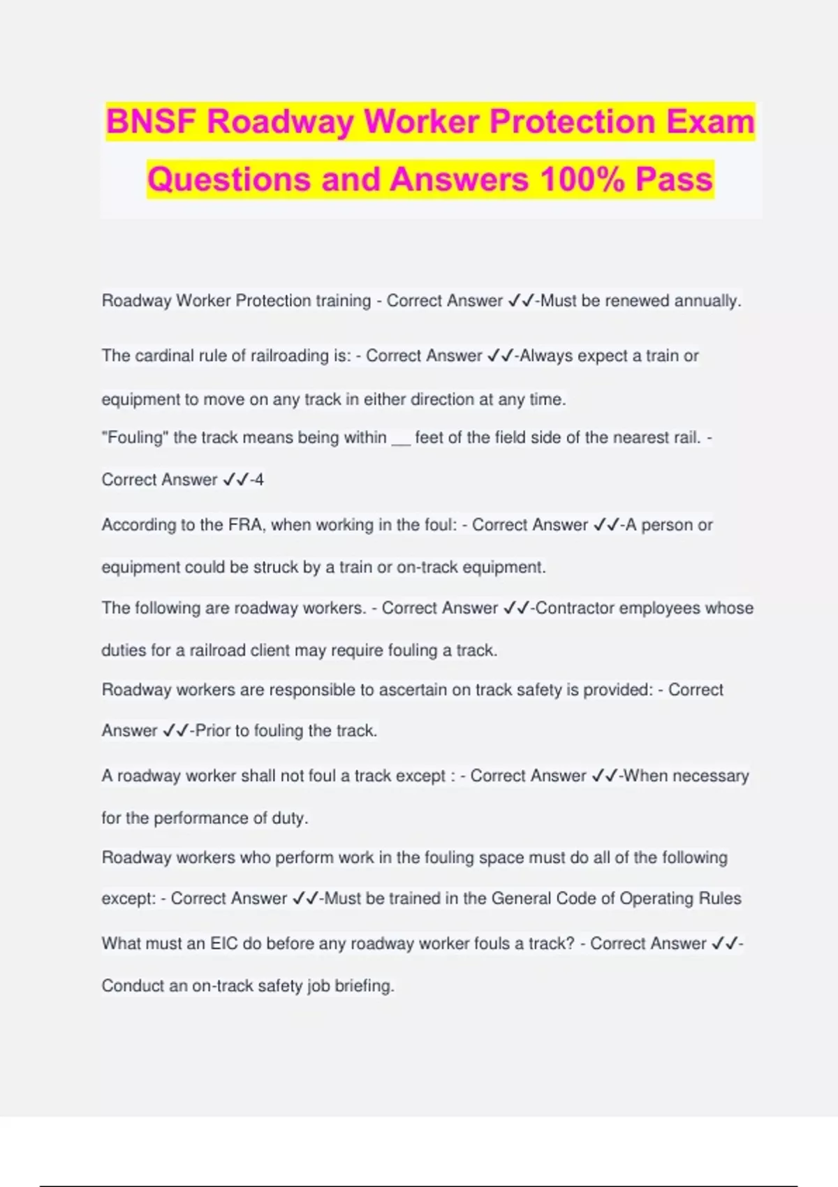 BNSF Roadway Worker Protection Exam Questions and Answers 100% Pass ...