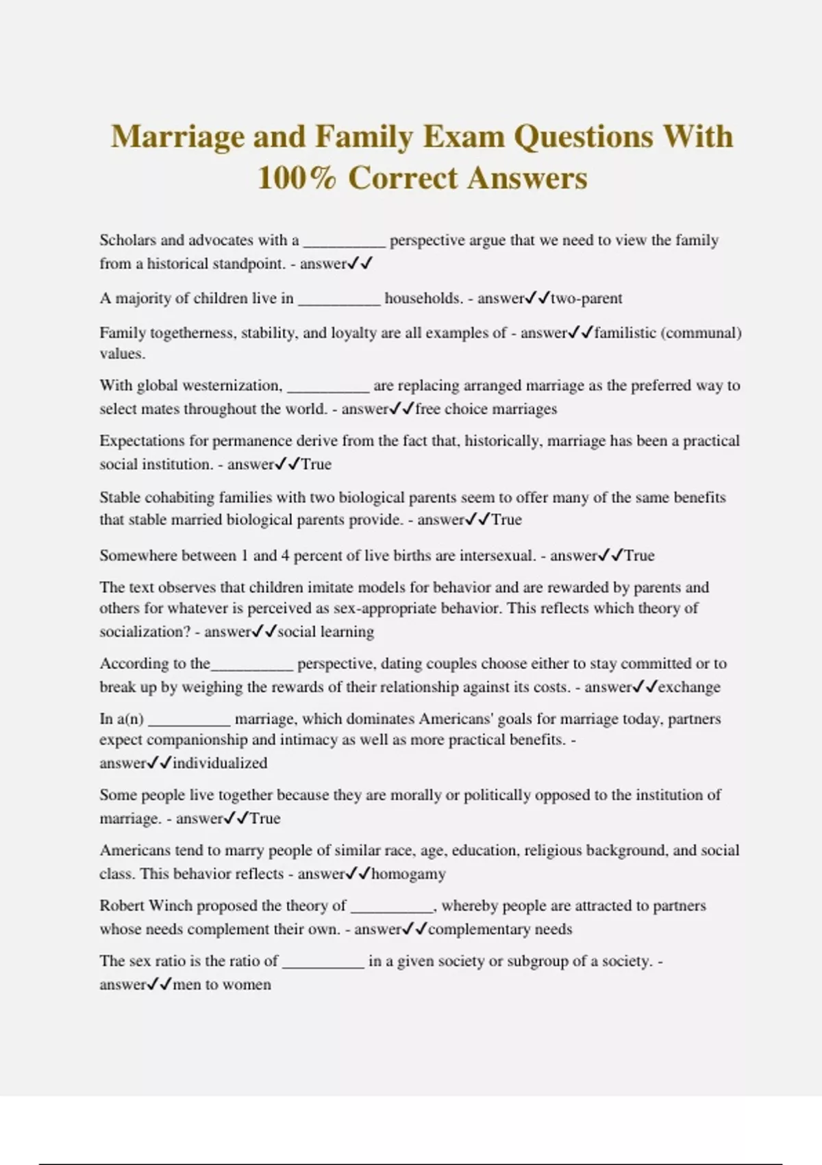 Marriage and Family Exam Questions With 100% Correct Answers - Marriage ...
