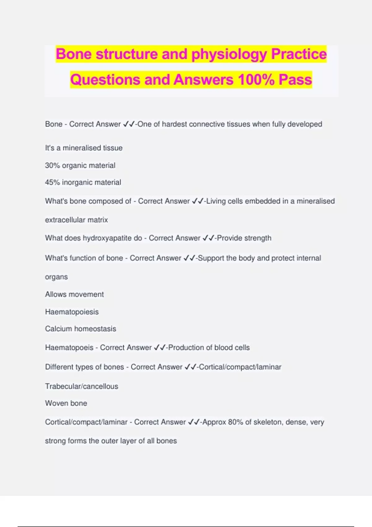Bone structure and physiology Practice Questions and Answers 100% Pass ...