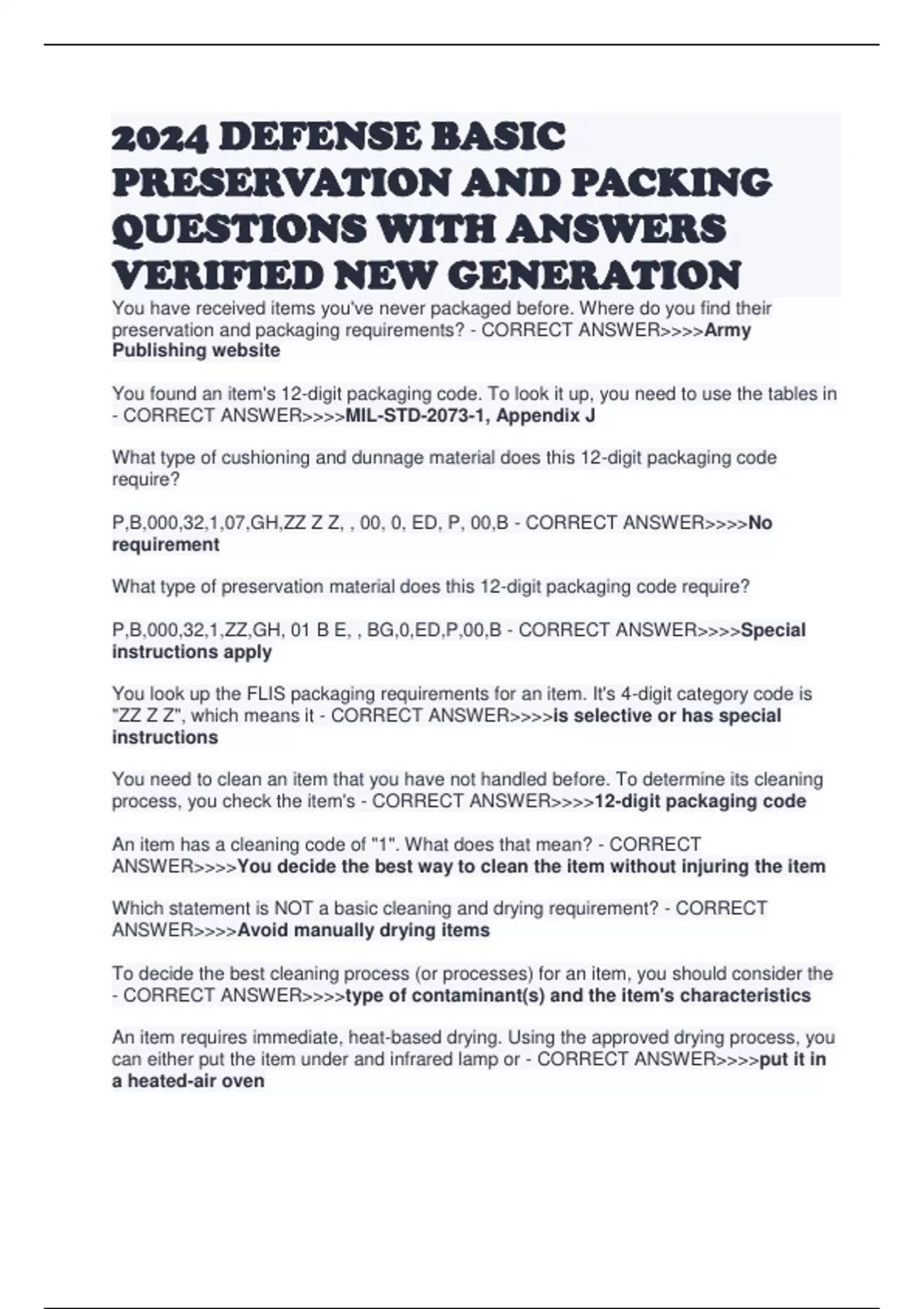 2024 DEFENSE BASIC PRESERVATION AND PACKING QUESTIONS WITH ANSWERS VERIFIED NEW GENERATION ...