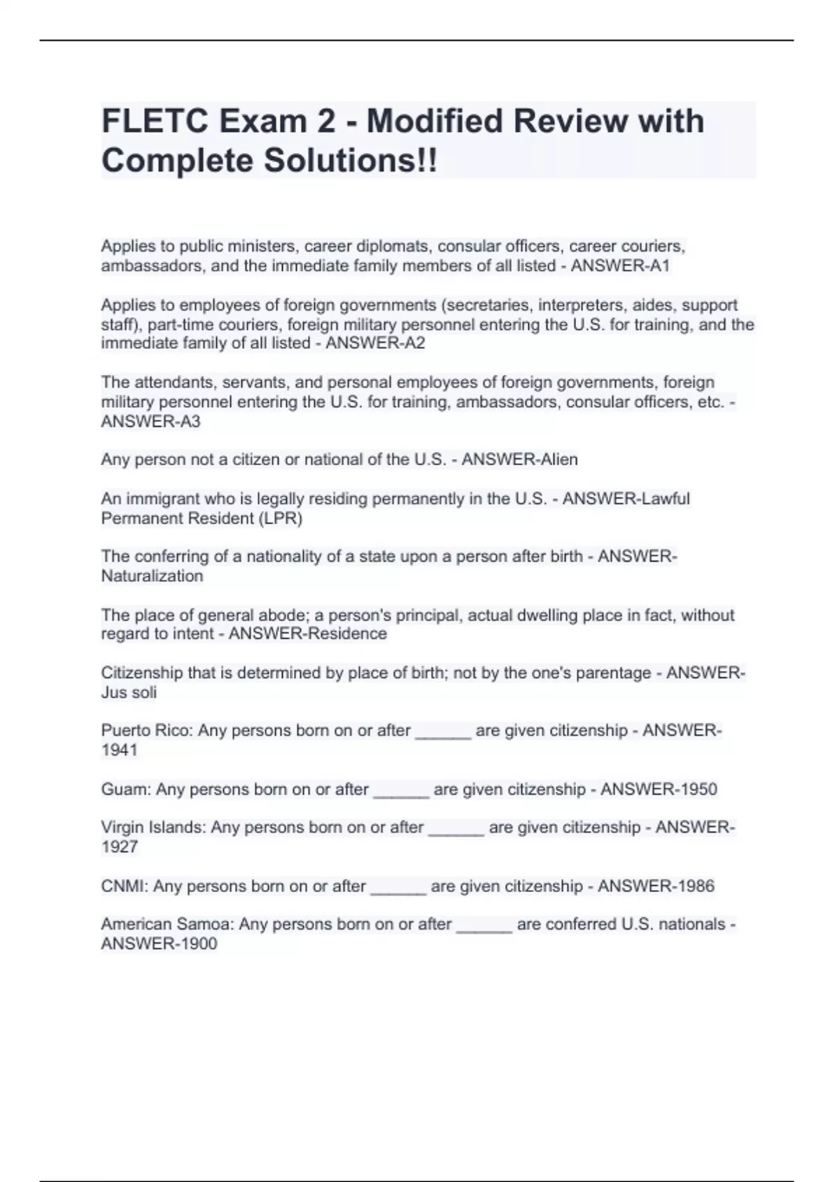 FLETC Exam 2 - Modified Review with Complete Solutions!! - FLETC ...