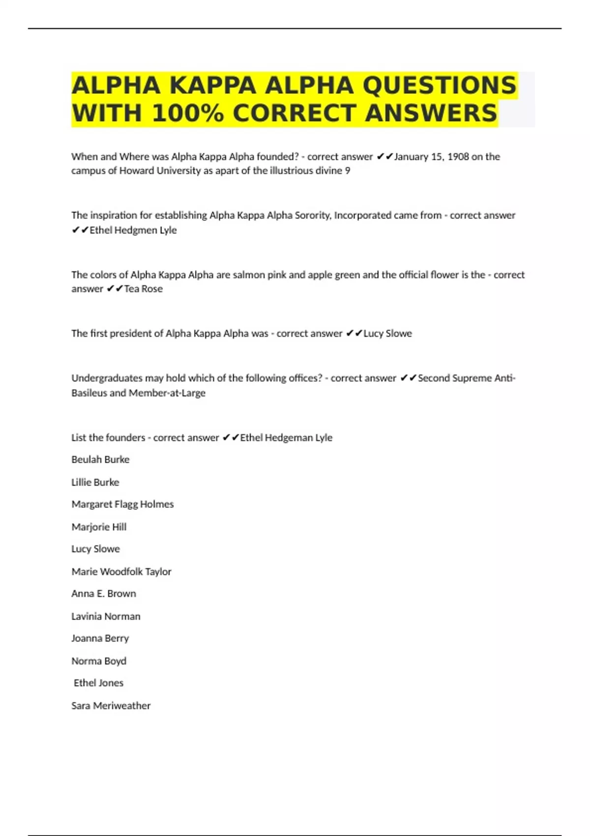 ALPHA KAPPA ALPHA QUESTIONS WITH 100% CORRECT ANSWERS - Alpha Kappa ...