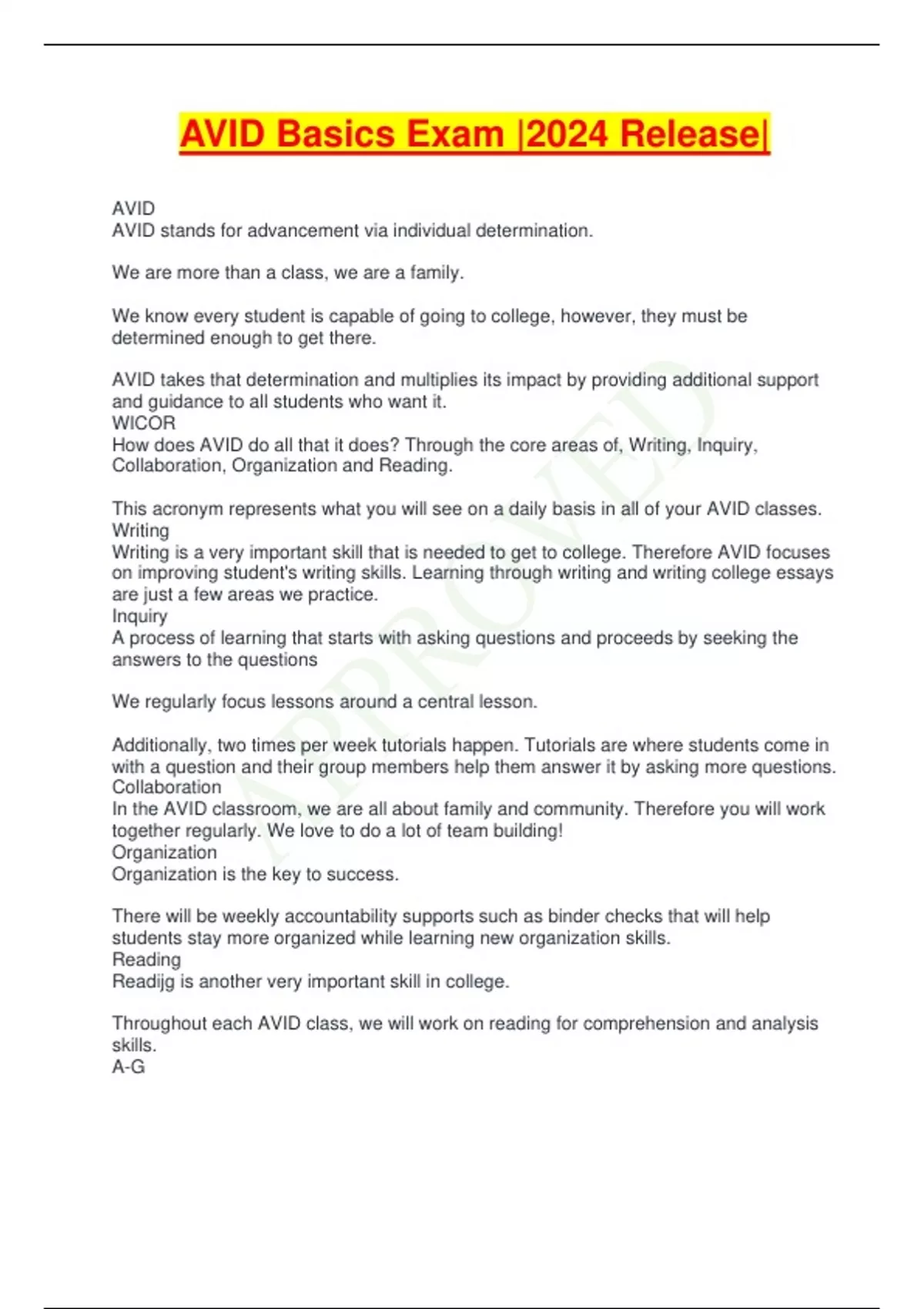 AVID Basics Exam |2024 Release| - AVID - Stuvia US