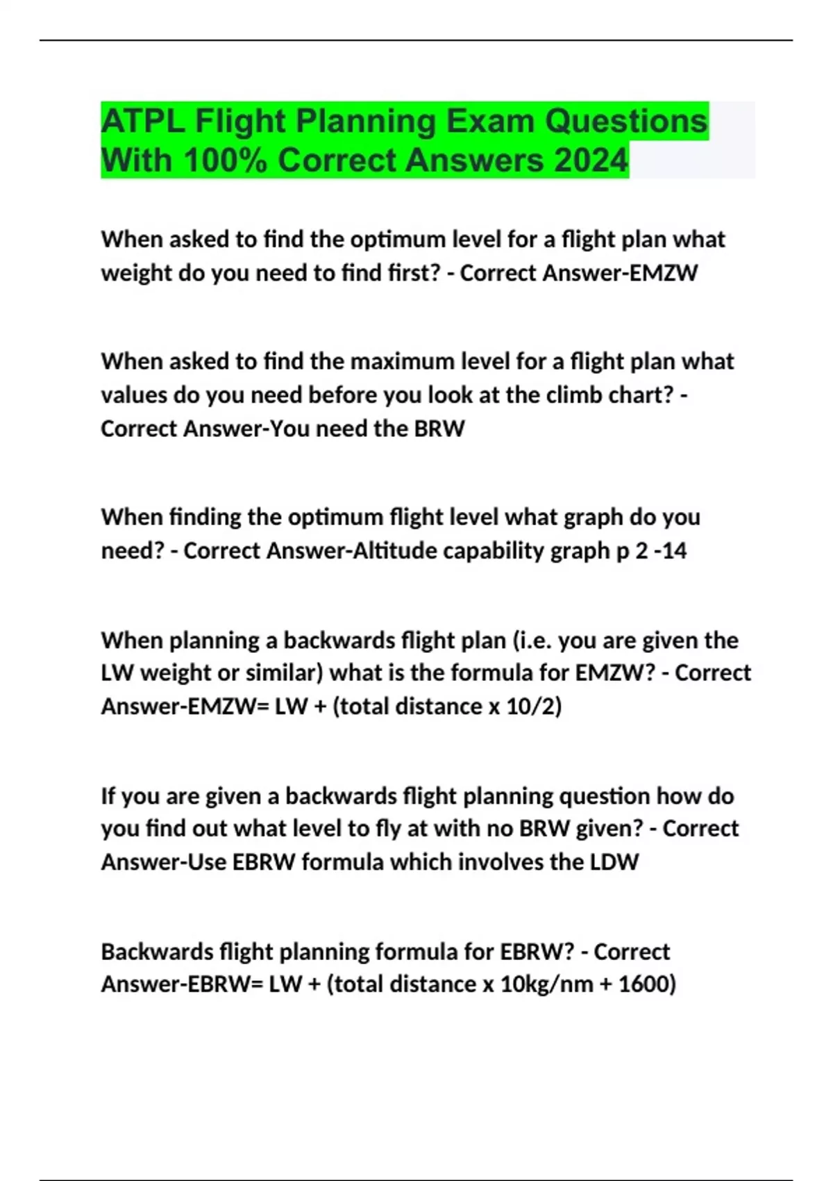 ATPL Flight Planning Exam Questions With 100% Correct Answers 2024 ...