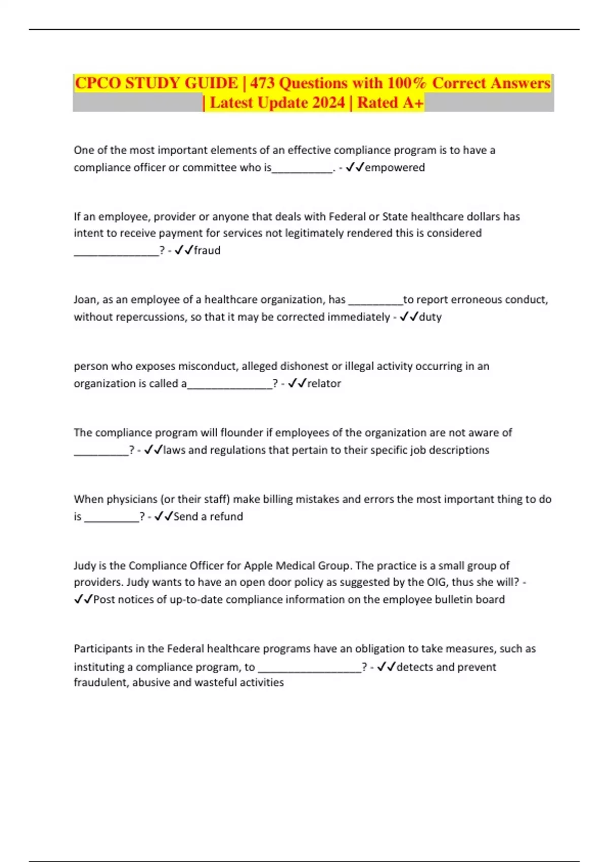 CPCO STUDY GUIDE | 473 Questions with 100% Correct Answers | Latest ...