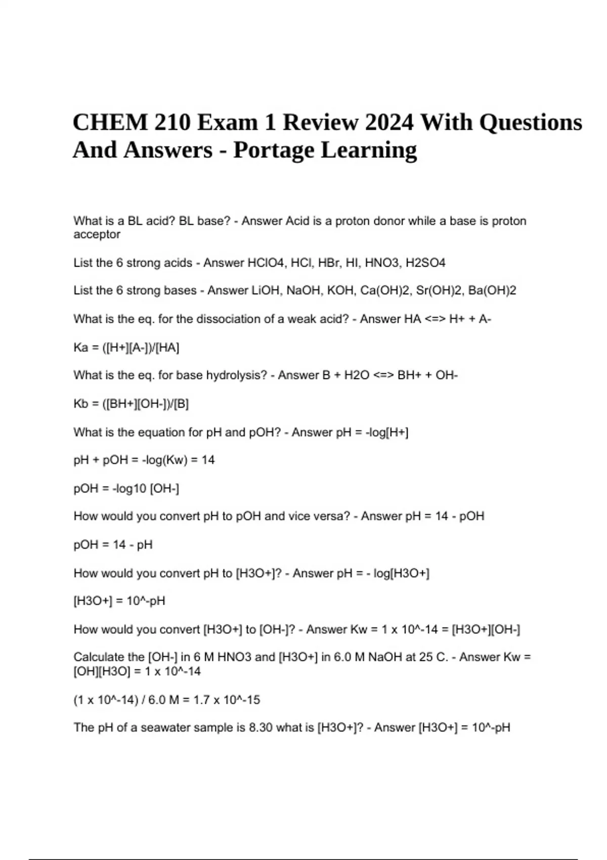 CHEM 210 Exam 1 Review 2024 With Questions And Answers - Portage ...
