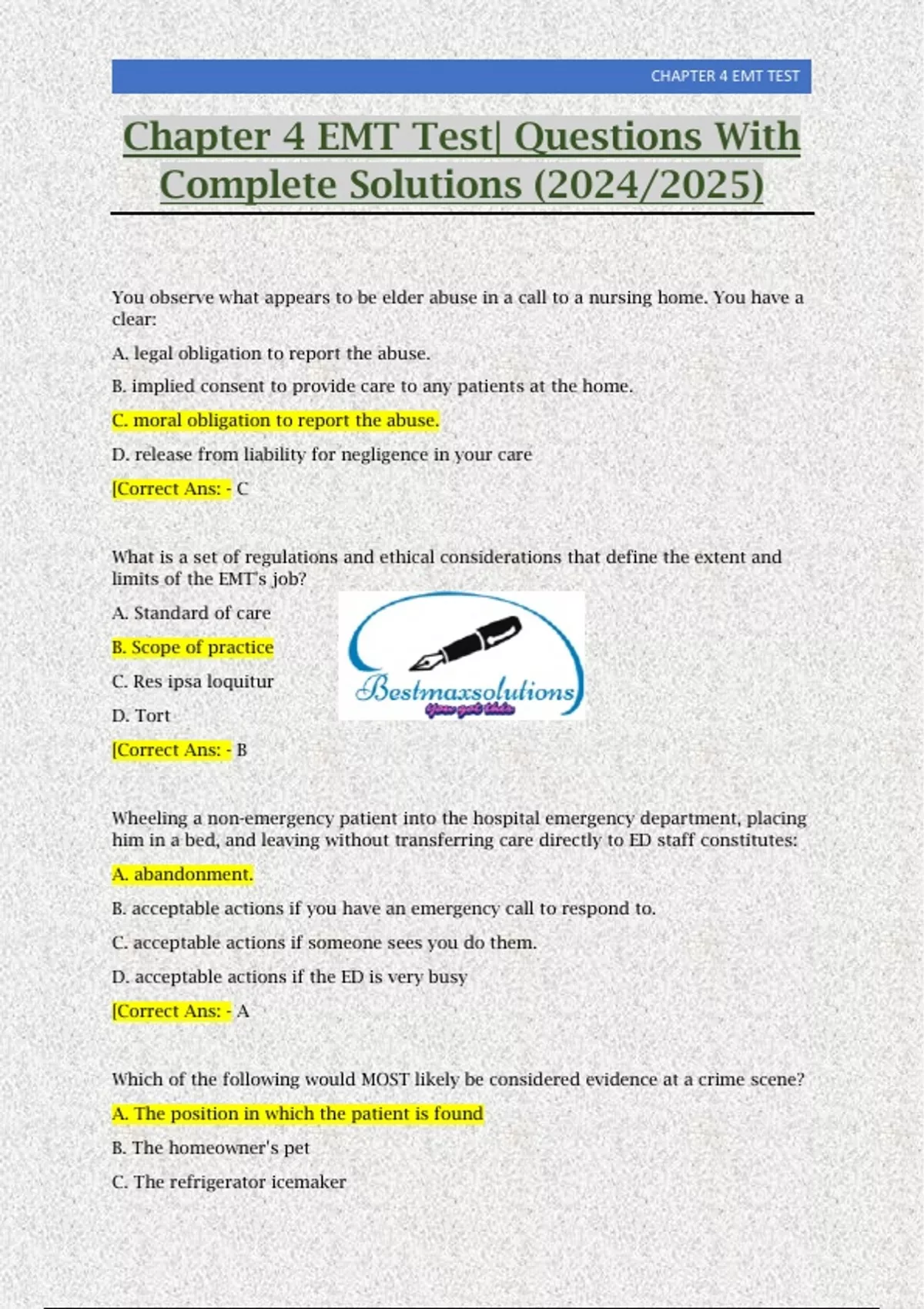 Chapter 4 EMT Test| Questions With Complete Solutions (2024/2025 ...