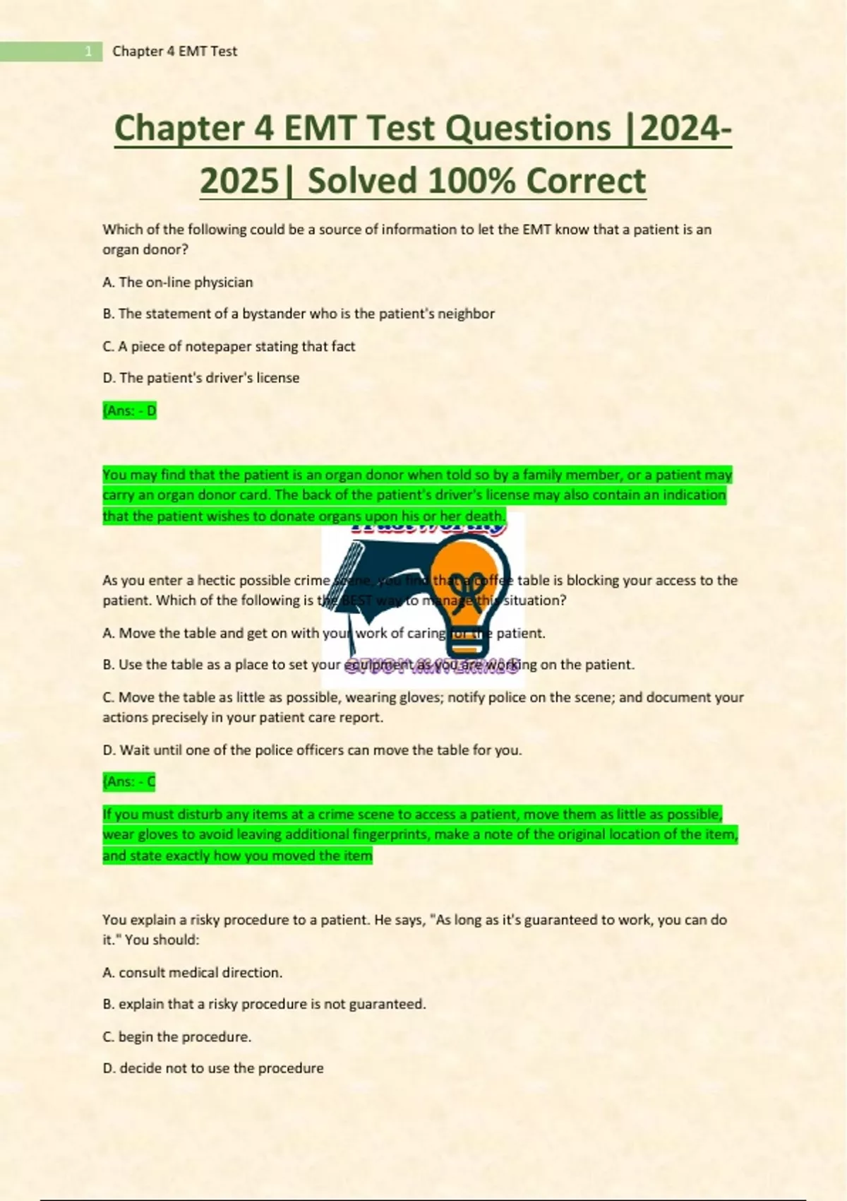 Chapter 4 EMT Test Questions || Solved 100% Correct - Chapter 4 EMT ...