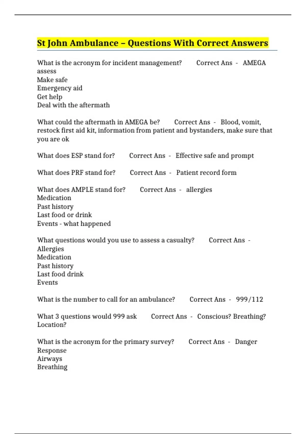 St John Ambulance – Questions With Correct Answers - St. Johns ...