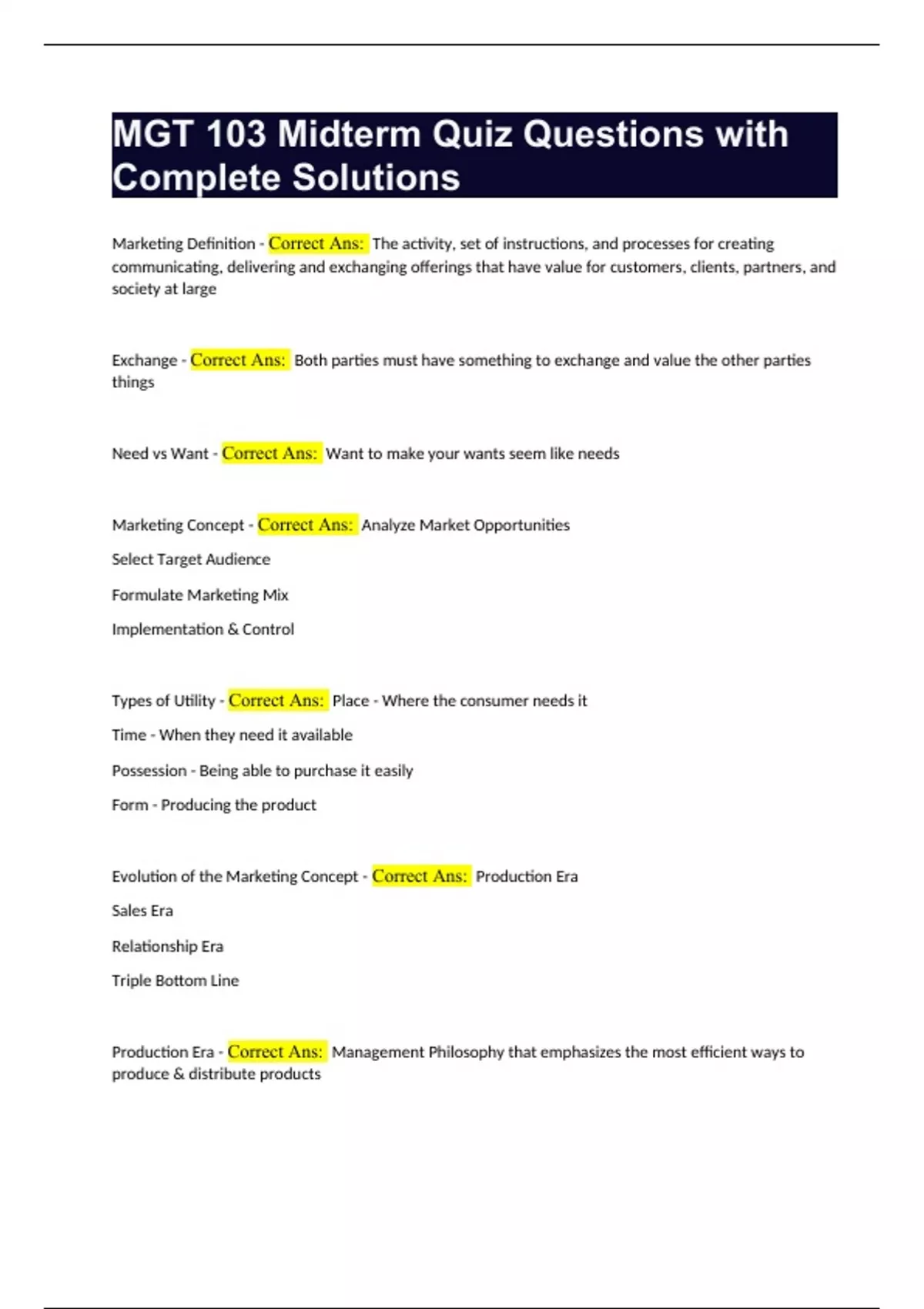 MGT 103 Midterm Quiz Questions with Complete Solutions - MGT 103 - Stuvia US