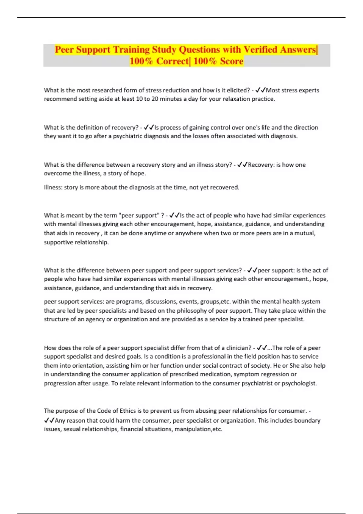 Peer Support Training Study Questions with Verified Answers| 100% ...