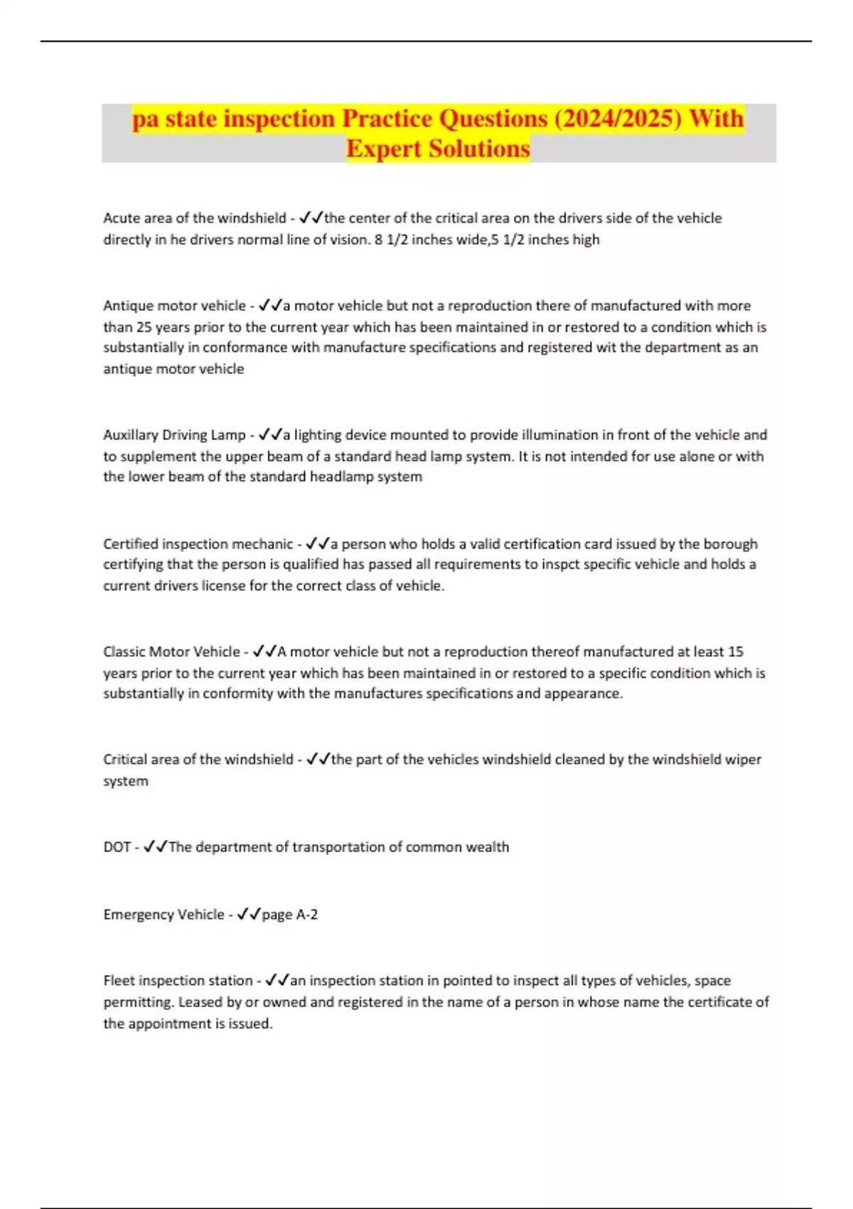 pa state inspection Practice Questions (2024/2025) With Expert ...