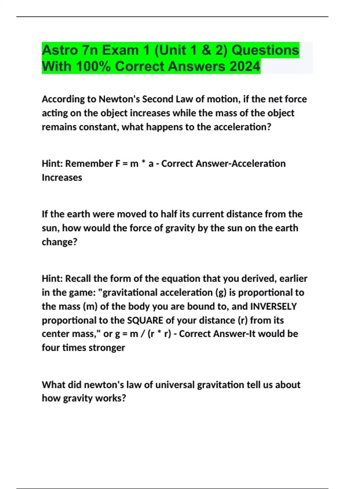 Astro 7n Exam 1 (Unit 1 & 2) Questions With 100% Correct Answers 2024 ...