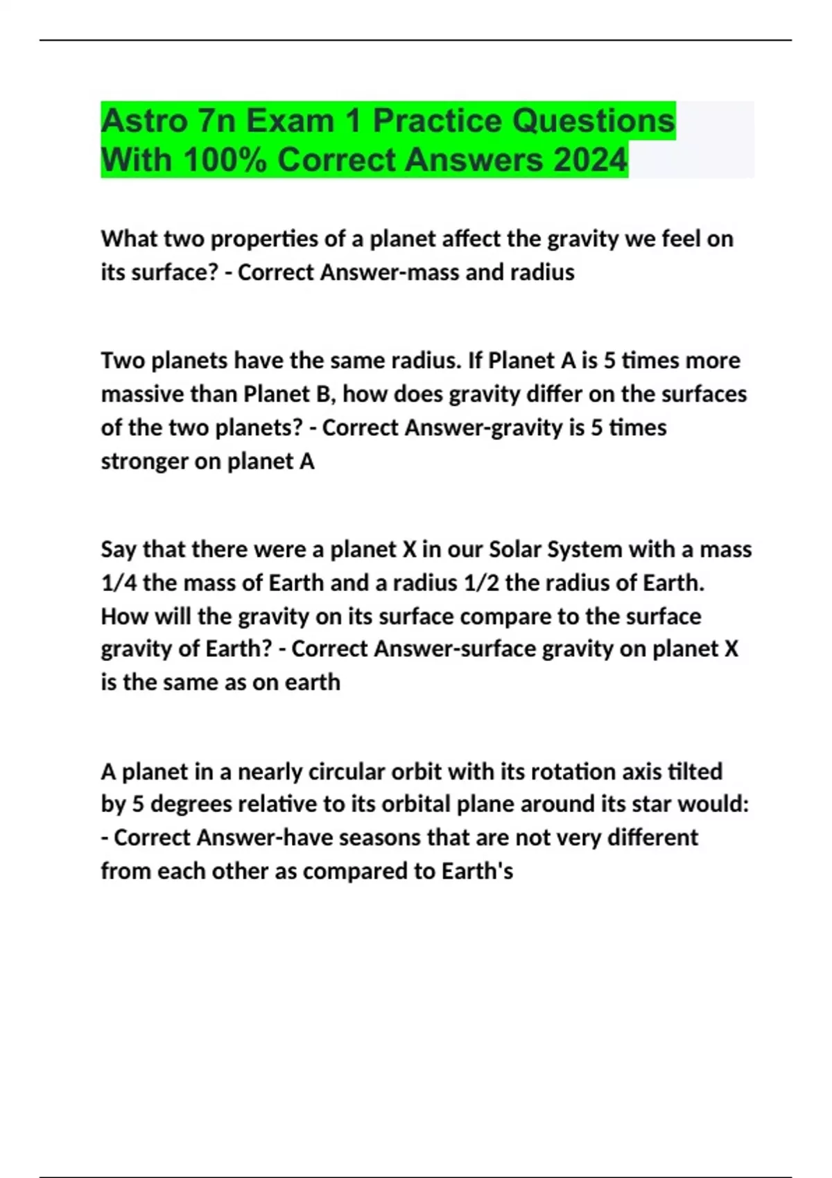 Astro 7n Exam 1 Practice Questions With 100% Correct Answers 2024 - Astro 7n - Stuvia US