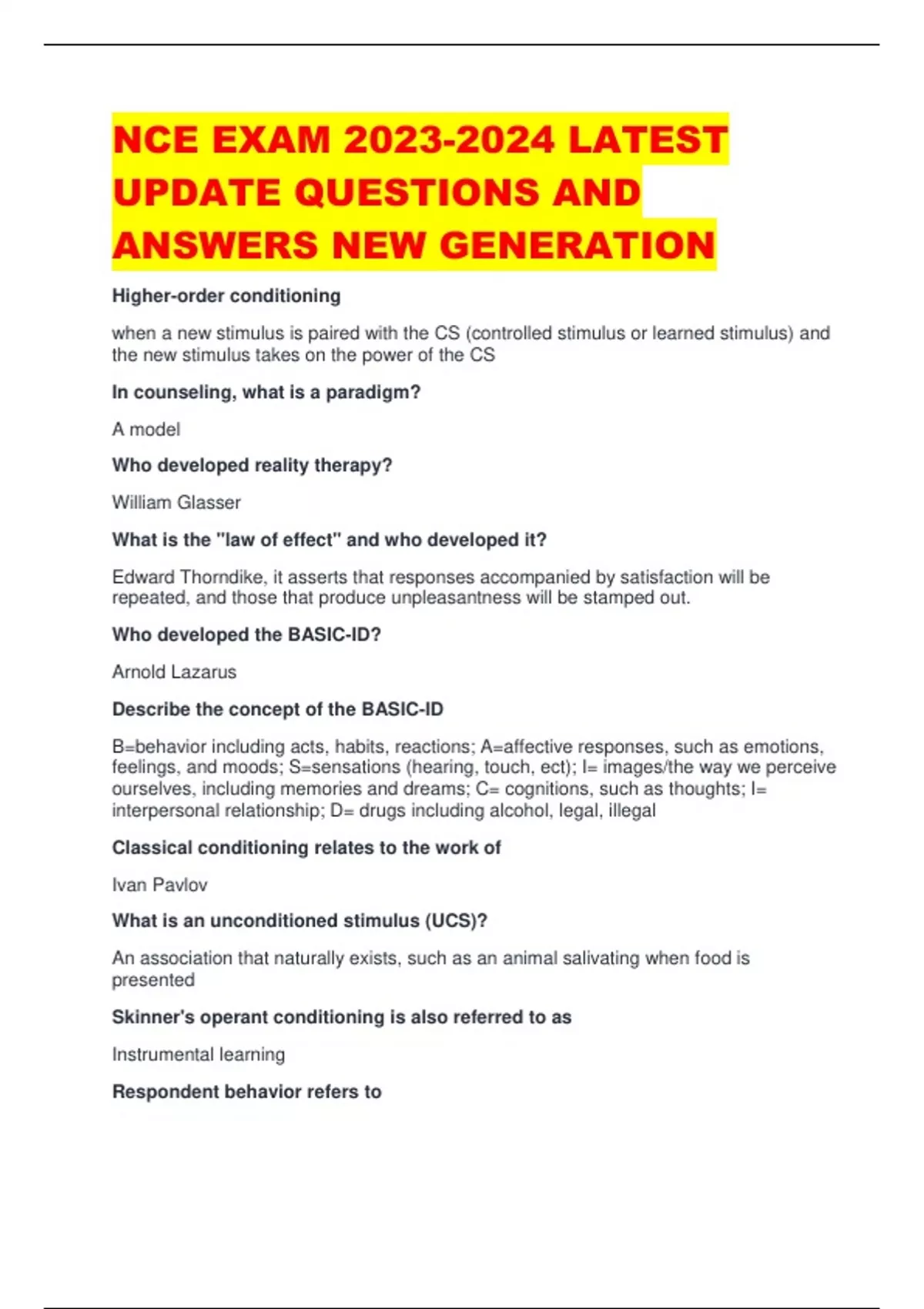 NCE EXAM LATEST UPDATE QUESTIONS AND ANSWERS NEW GENERATION - NCE EXM ...