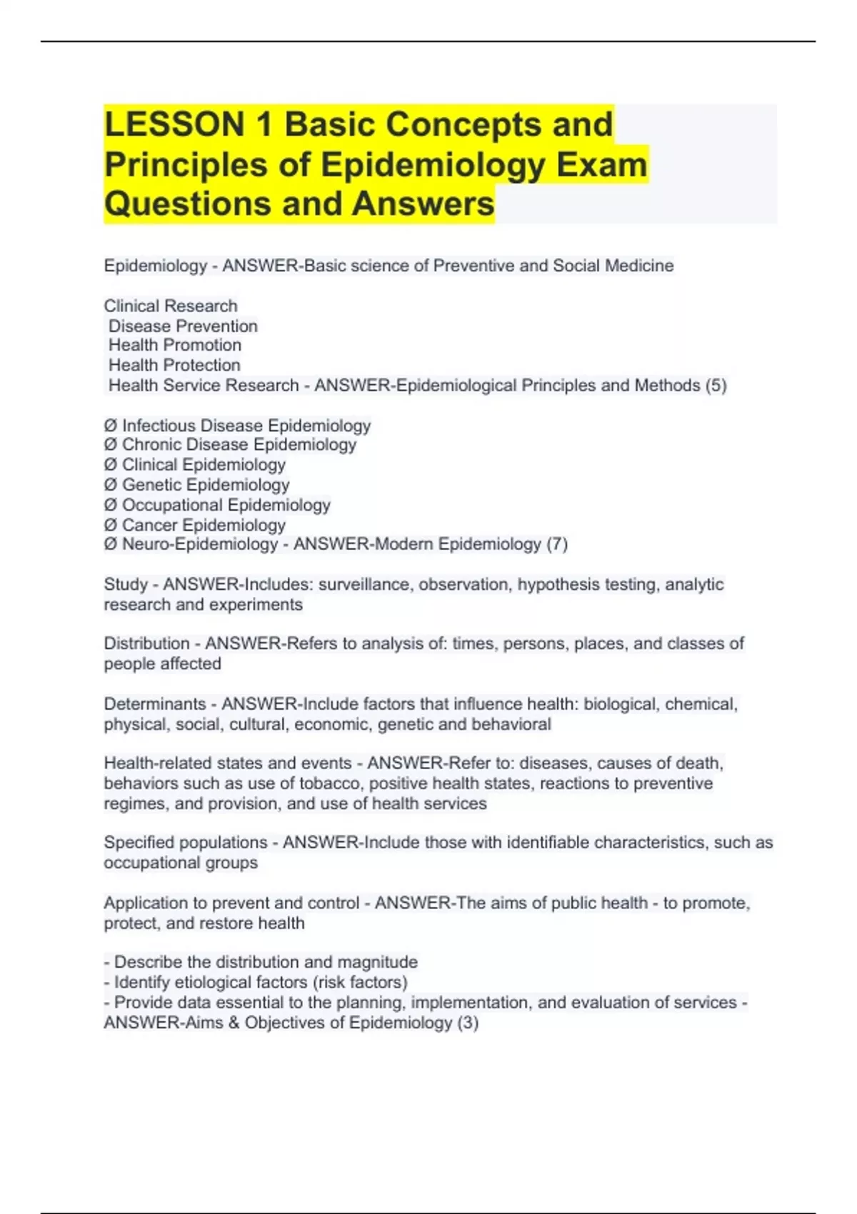 LESSON 1 Basic Concepts and Principles of Epidemiology Exam Questions and Answers - Epidemiology ...