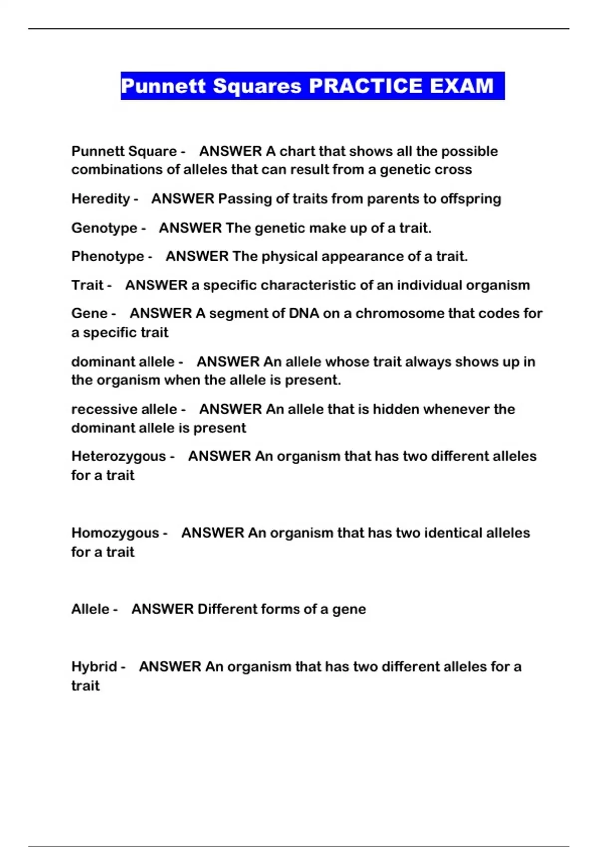 Punnett Squares PRACTICE EXAM - Punnett Squares - Stuvia US