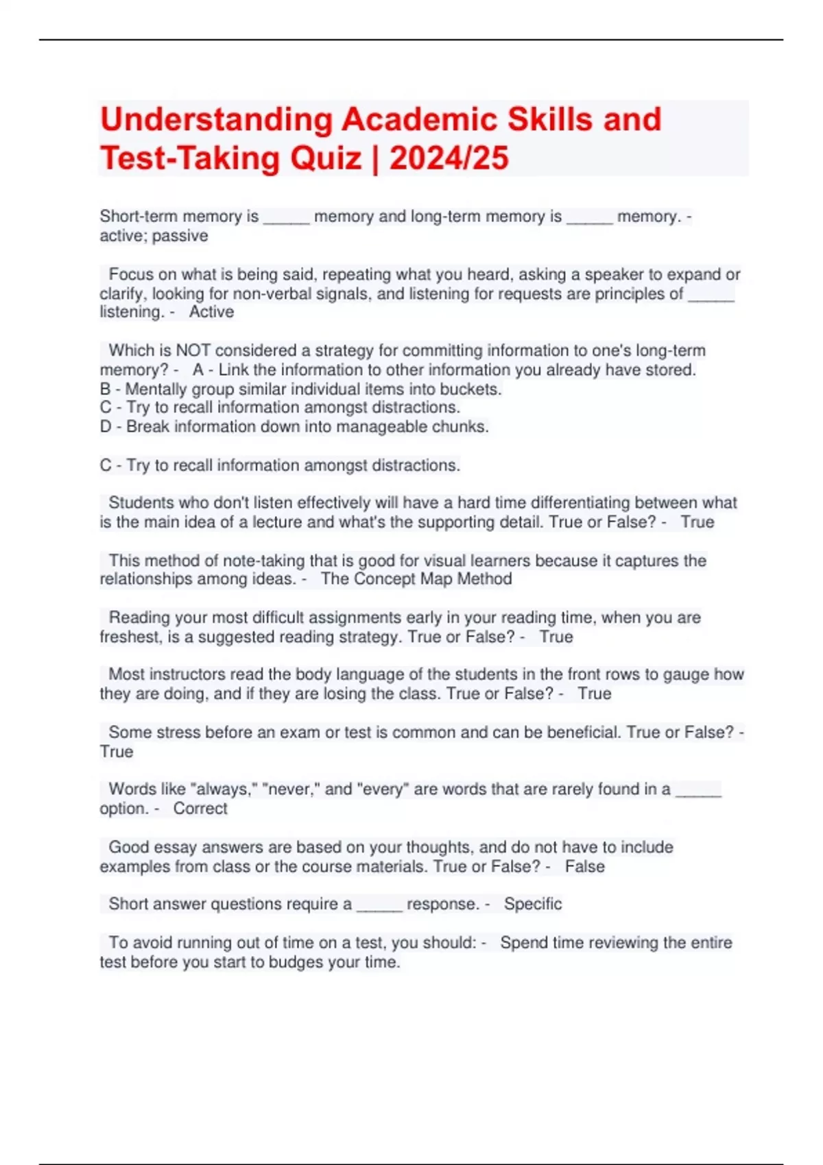 Understanding Academic Skills and Test-Taking Quiz | 2024/25 ...