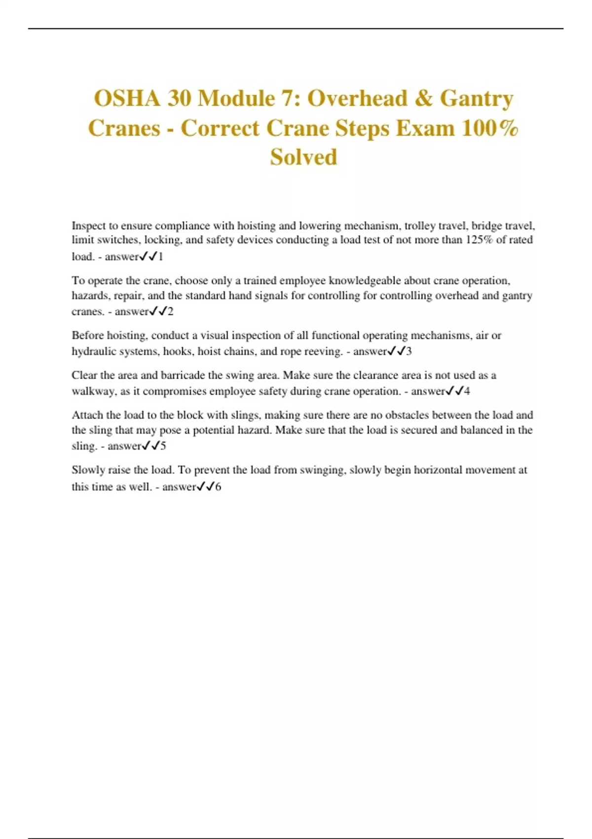 OSHA 30 Module 7: Overhead & Gantry Cranes - Correct Crane Steps Exam ...