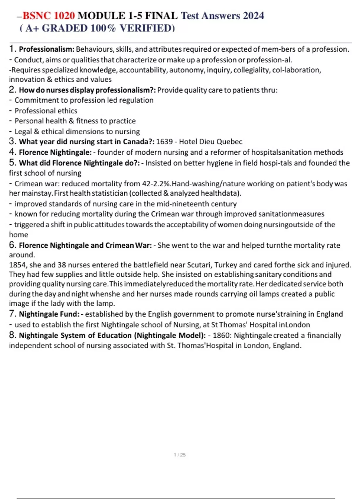 BSNC 1020 MODULE 1-5 FINAL Test Answers 2024 ( A+ GRADED 100% VERIFIED ...