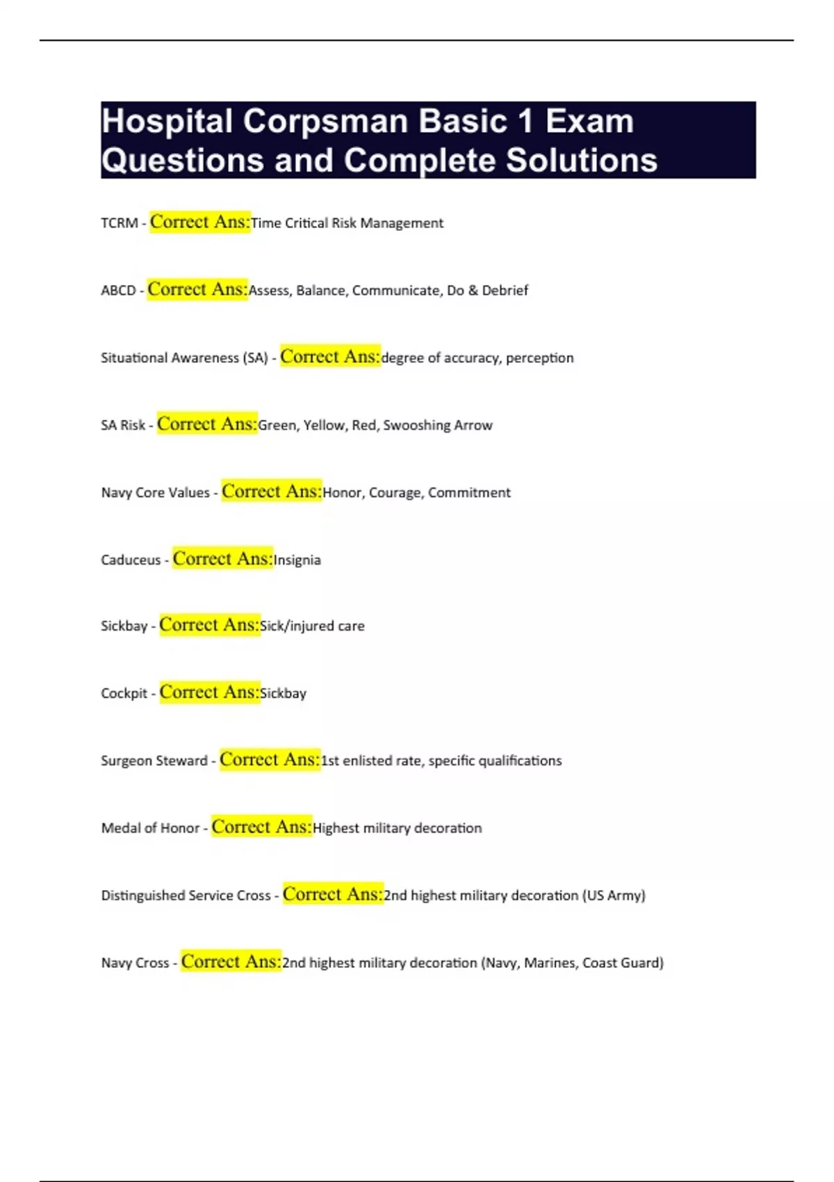 Hospital Corpsman Basic 1 Exam Questions and Complete Solutions - Navy ...