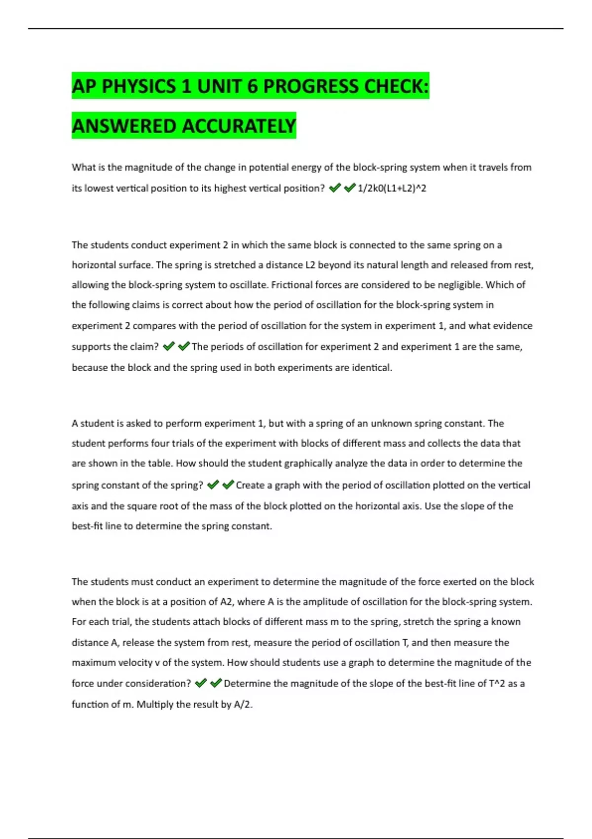 AP PHYSICS 1 UNIT 6 PROGRESS CHECK: ANSWERED ACCURATELY - AP PHYSICS ...