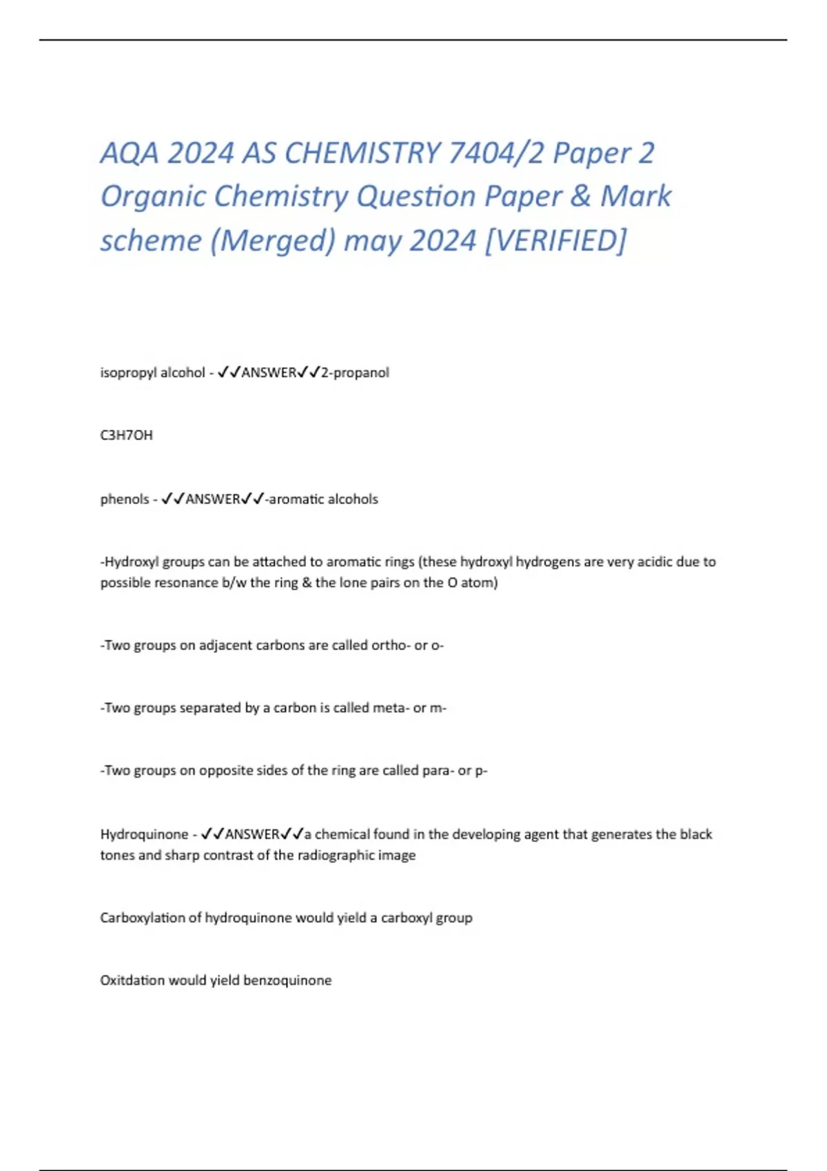 AQA 2024 AS CHEMISTRY 7404/2 Paper 2 Organic Chemistry Question Paper ...