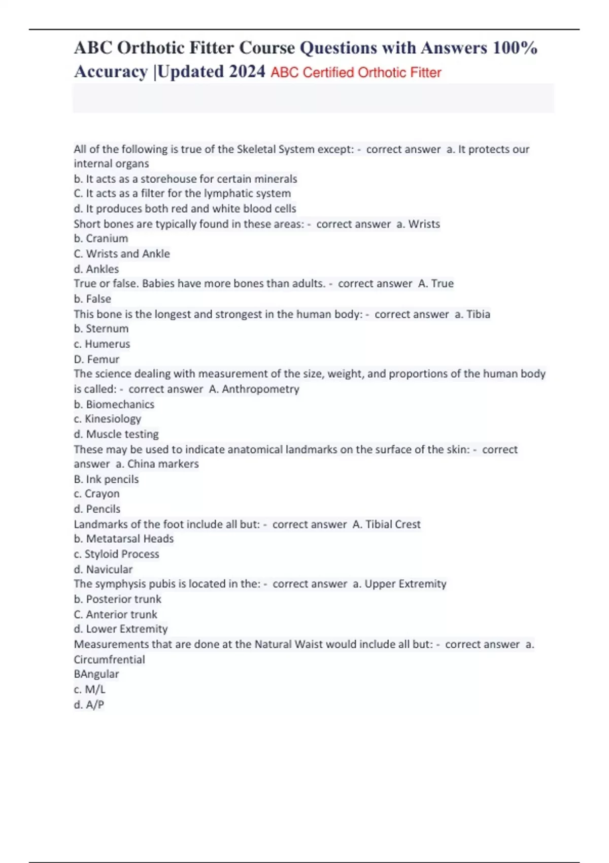 ABC Orthotic Fitter Course Questions with Answers 100% Accuracy ...