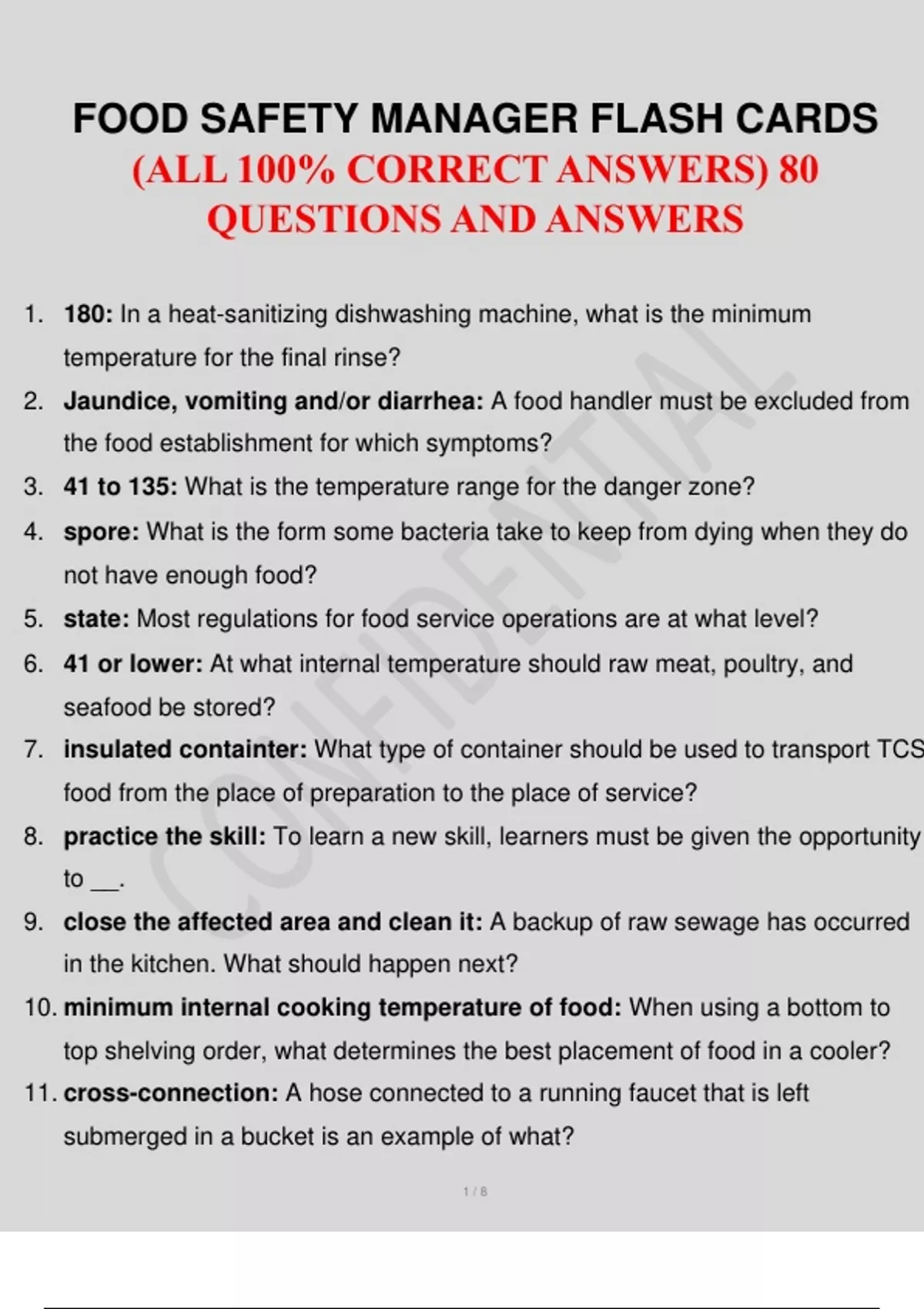 FOOD SAFETY MANAGER FLASH CARDS (ALL 100% CORRECT ANSWERS) 80 QUESTIONS ...