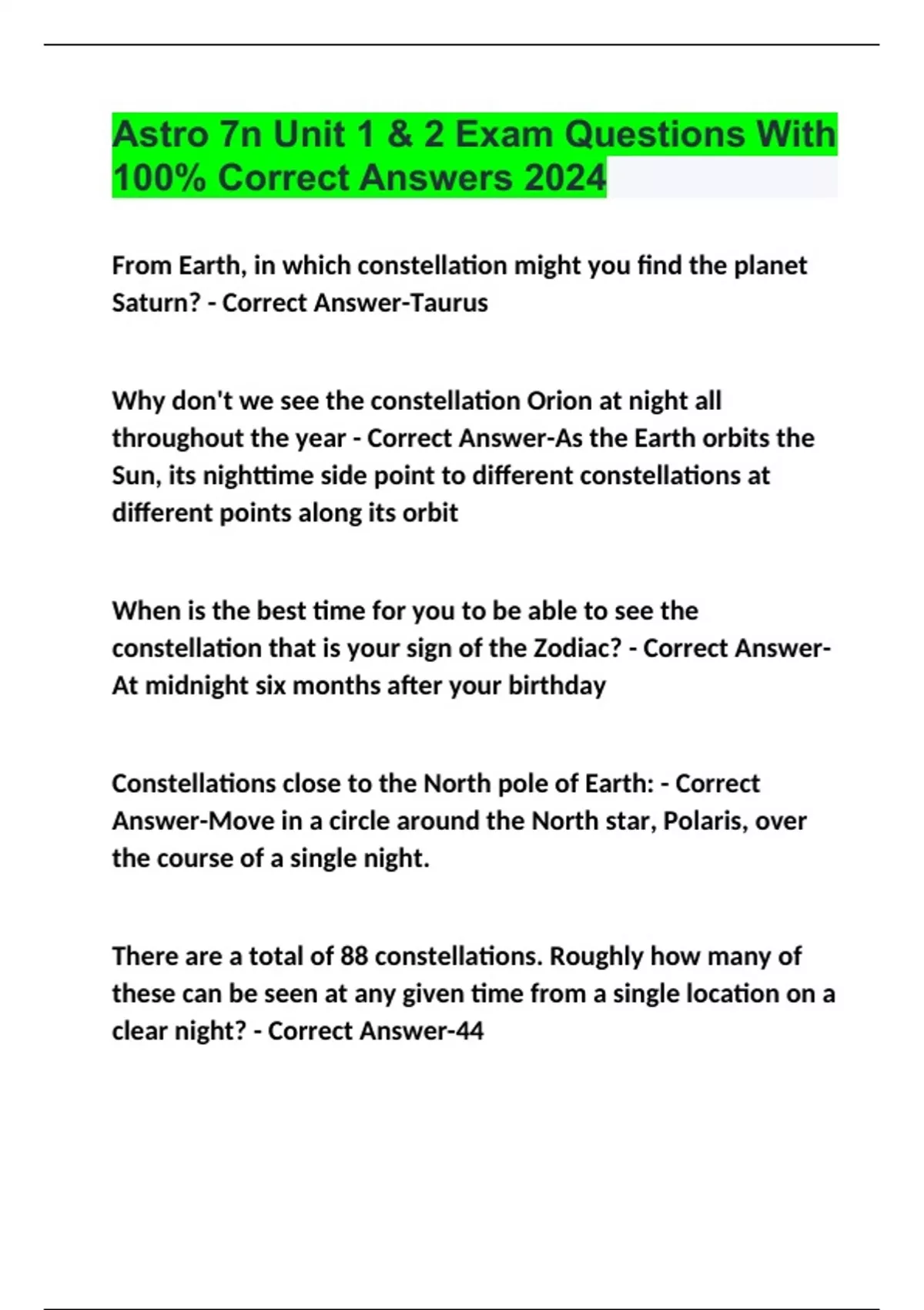 Astro 7n Unit 1 & 2 Exam Questions With 100% Correct Answers 2024 ...