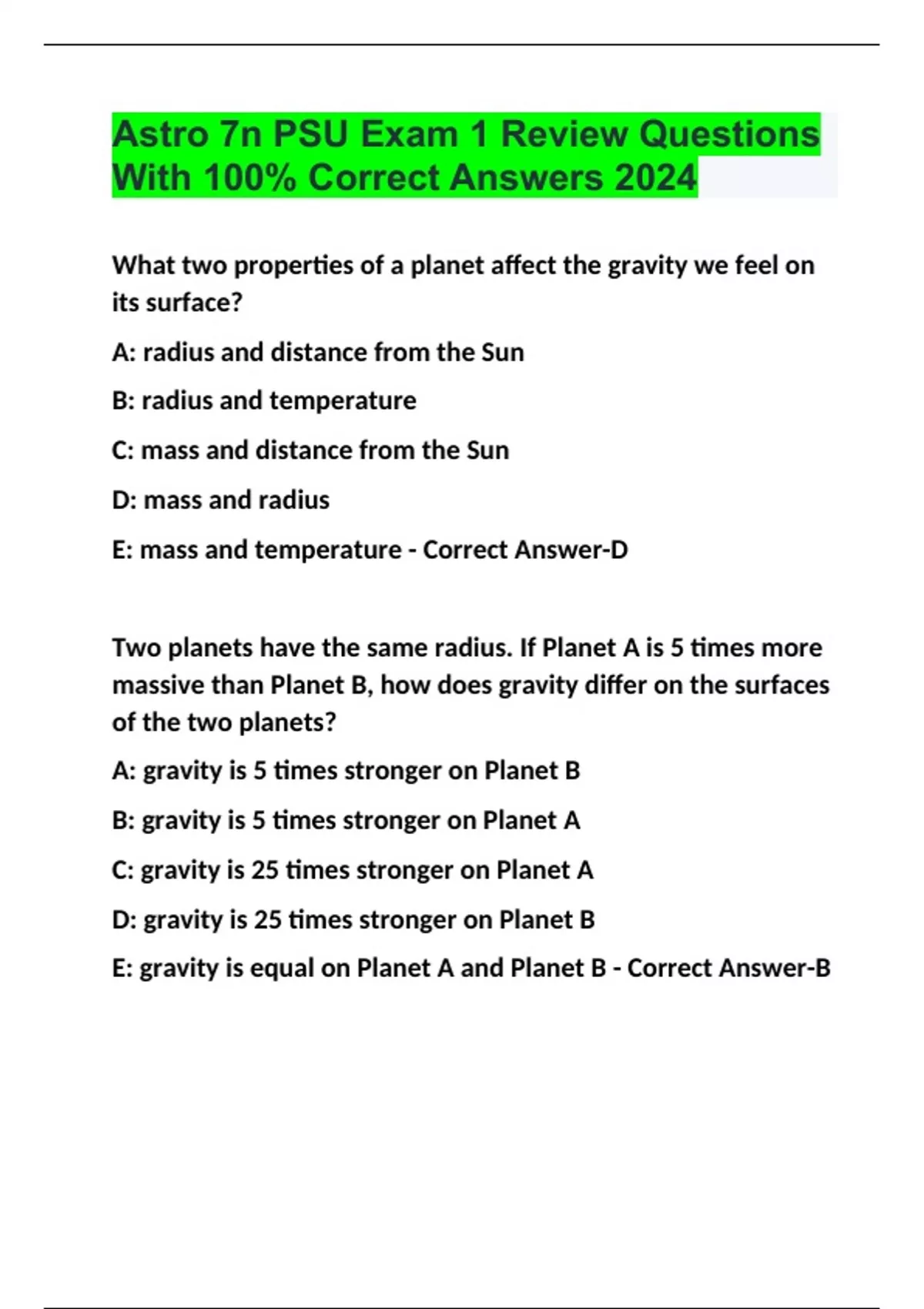Astro 7n PSU Exam 1 Review Questions With 100% Correct Answers 2024 ...