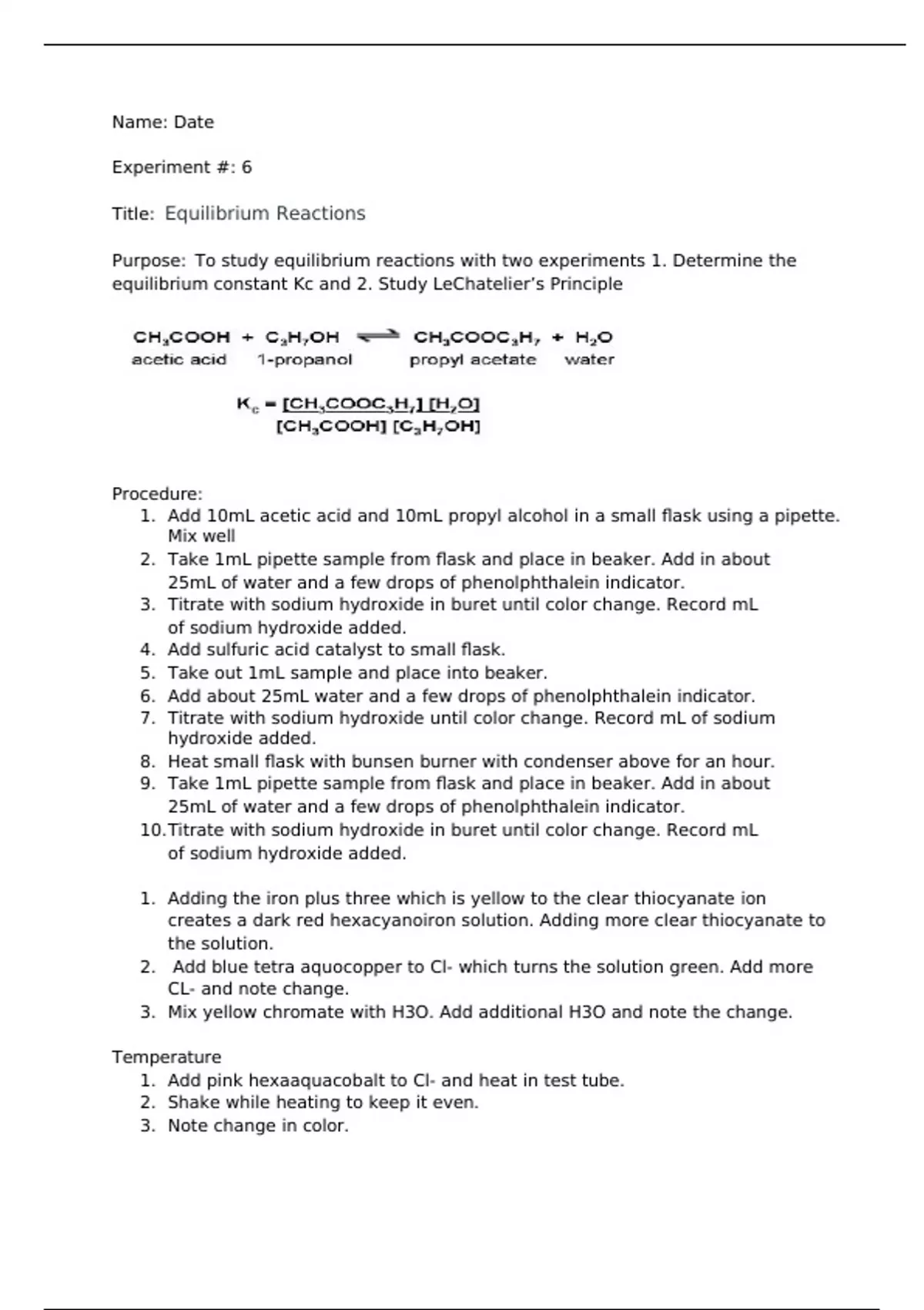 CHEM 121 Experiment 6: Equilibrium Reactions SPRING 2024 Portage ...