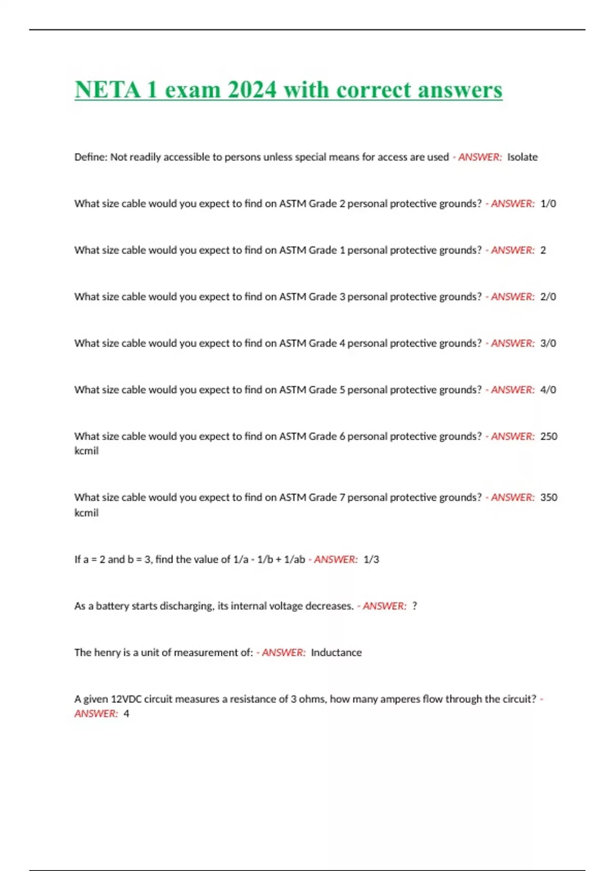NETA 1 exam 2024 with correct answers - NETA ETT - Stuvia US