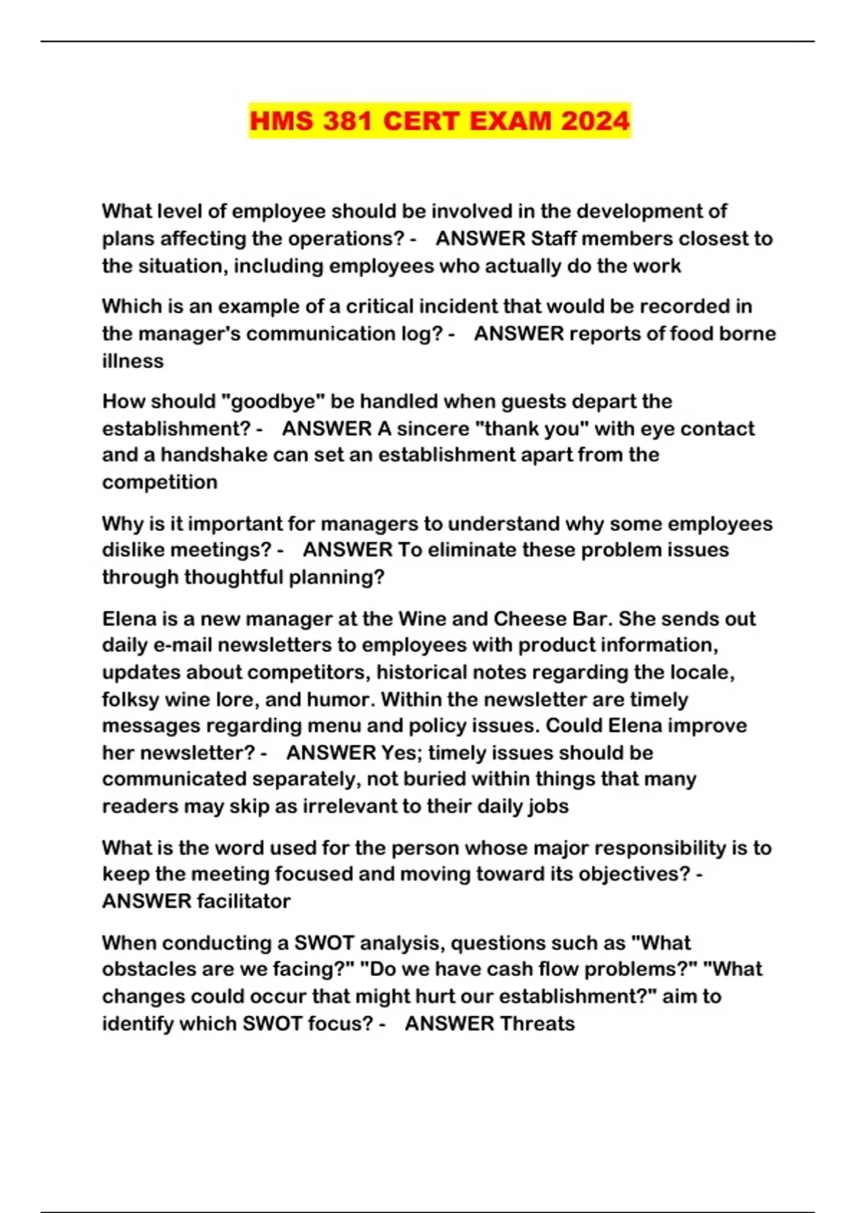HMS 381 CERT EXAM 2024 - HMS 381 - Stuvia US