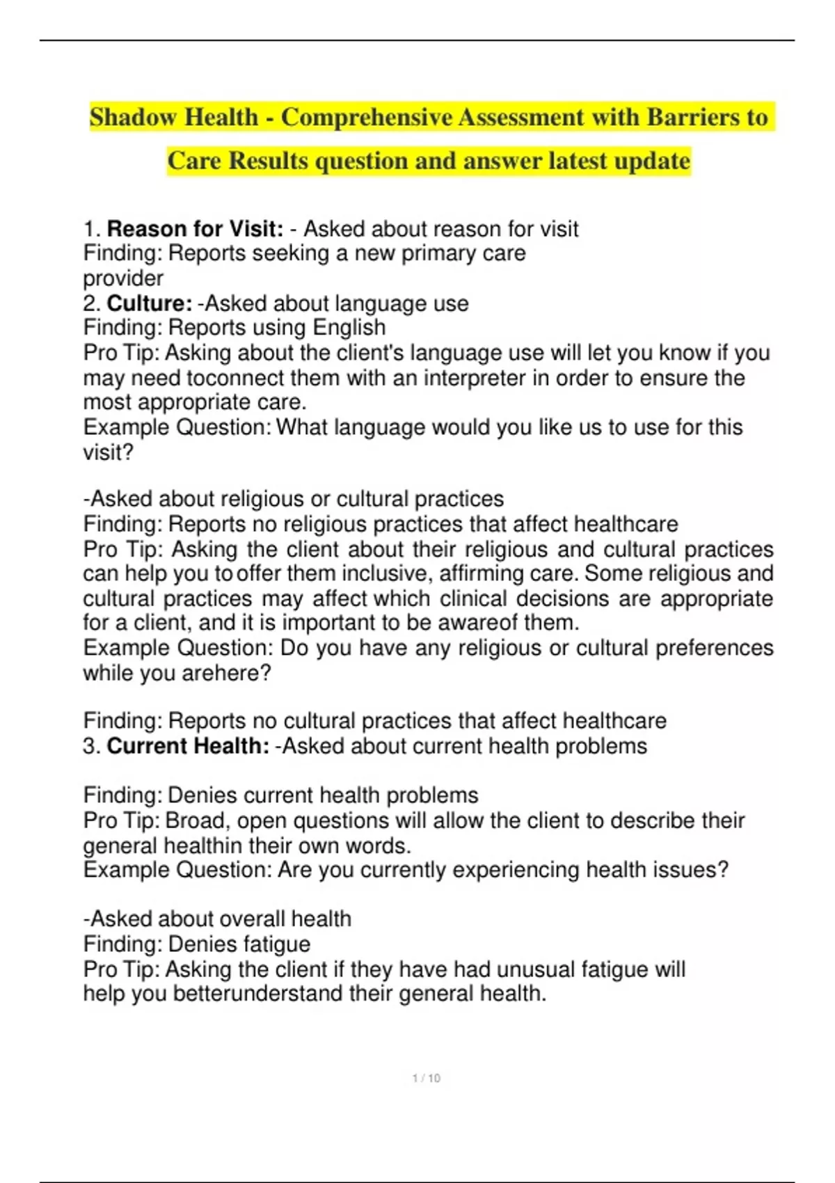 Shadow Health - Comprehensive Assessment with Barriers to Care Results ...