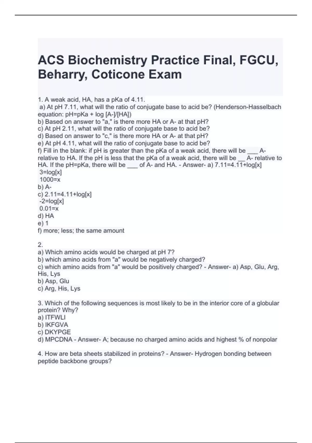 ACS Biochemistry Practice Final, FGCU, Beharry, Coticone Exam 2024 ...