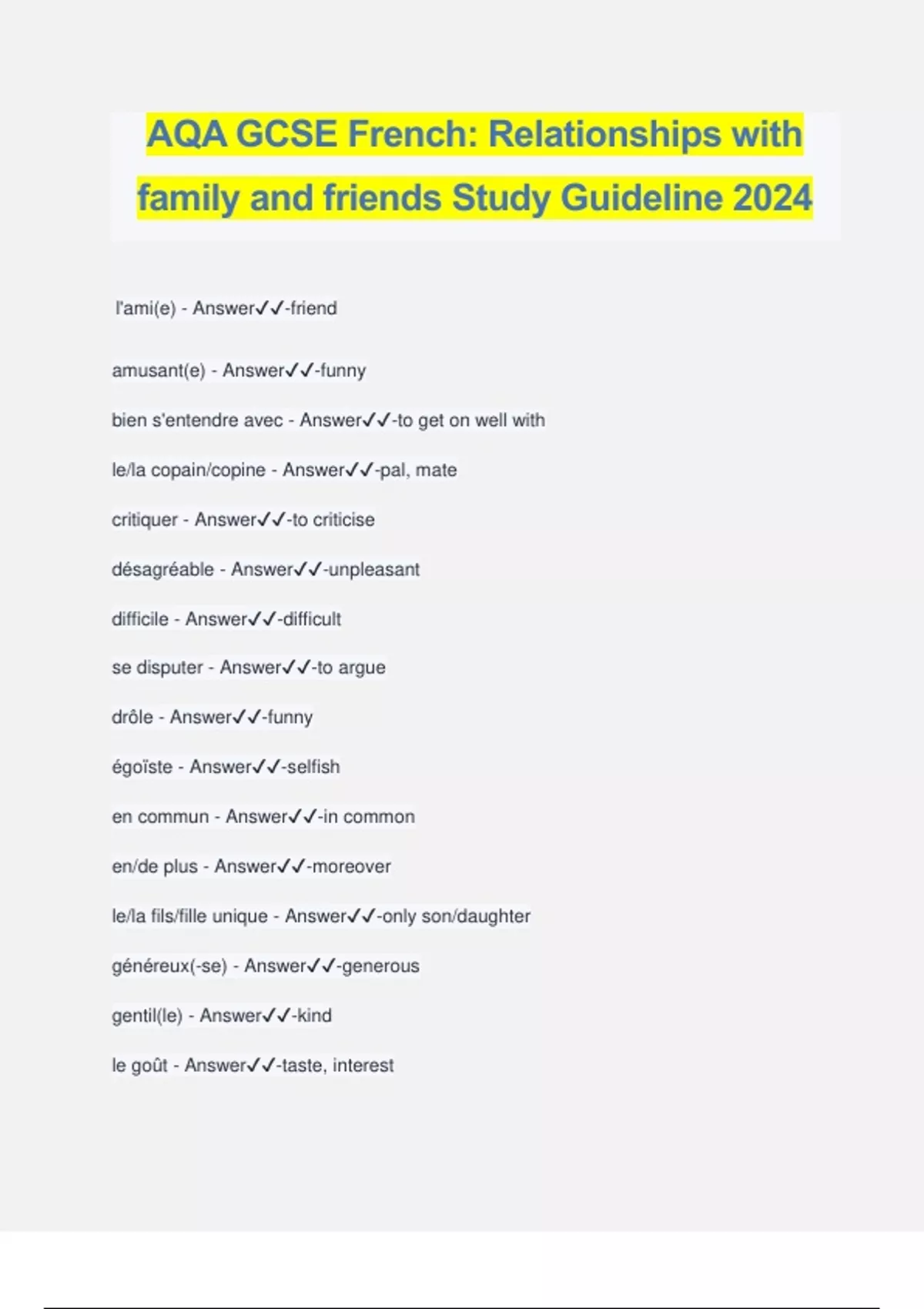 AQA GCSE French: Relationships with family and friends Study Guideline ...