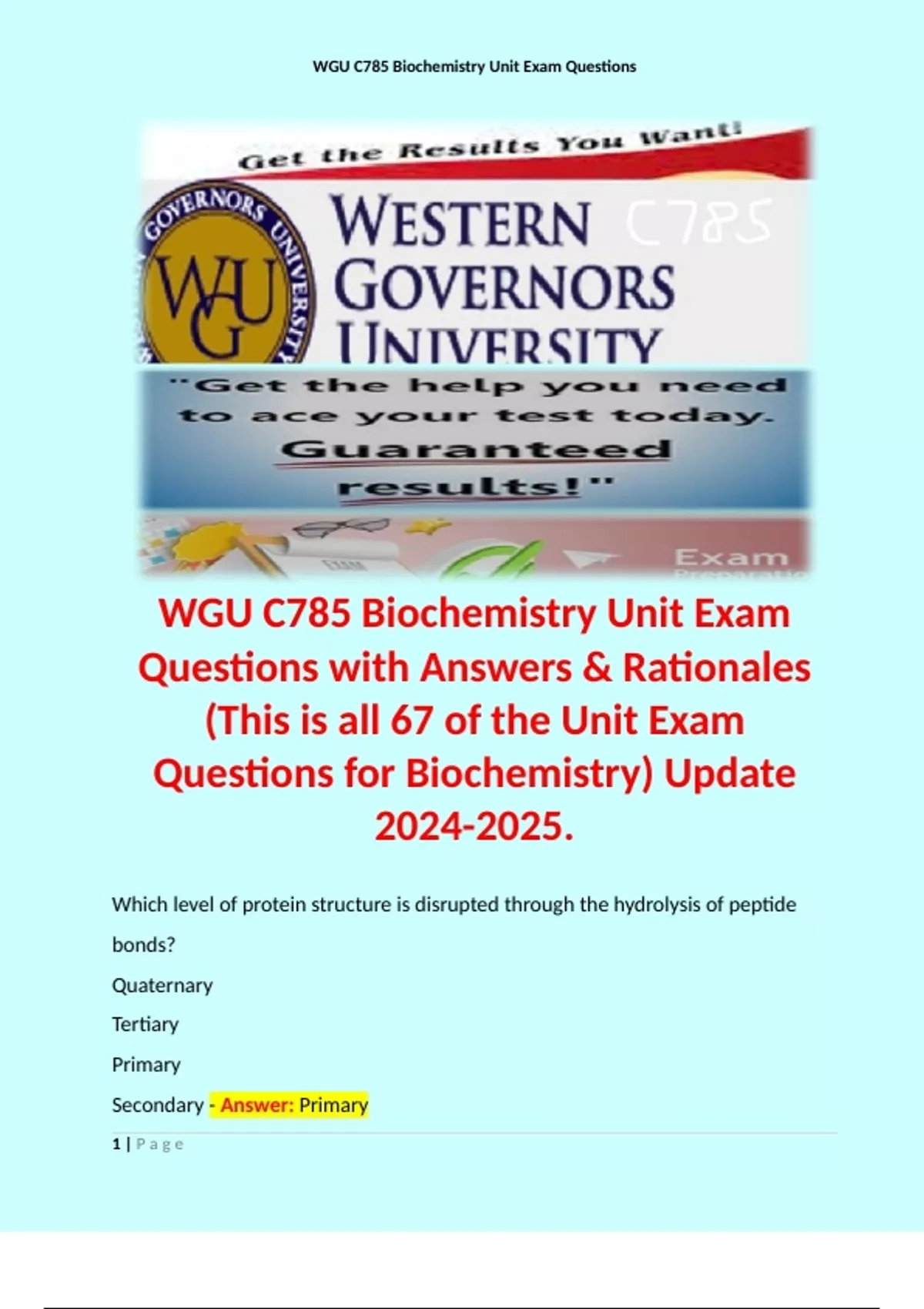 WGU C785 Biochemistry Unit Exam Questions with Answers & Rationales ...