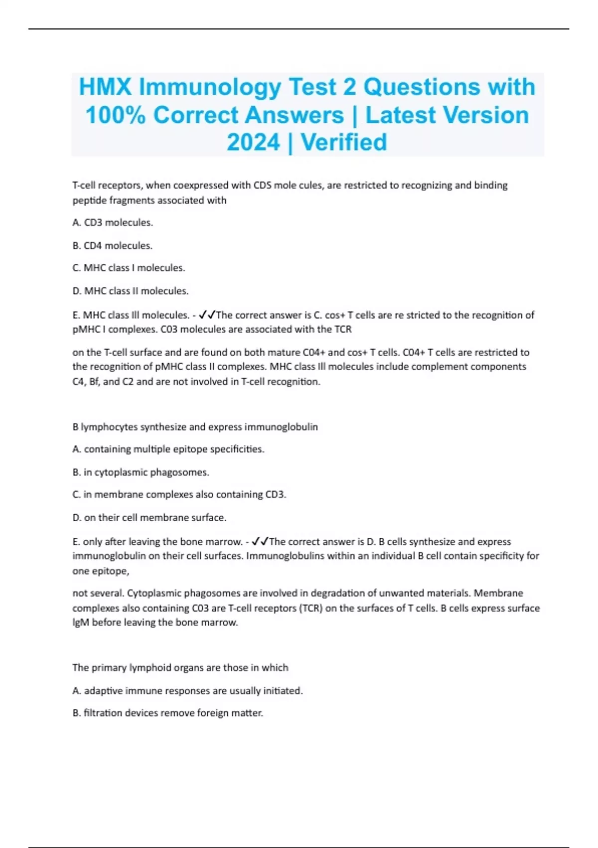 HMX Immunology Test 2 Questions with 100% Correct Answers | Latest ...