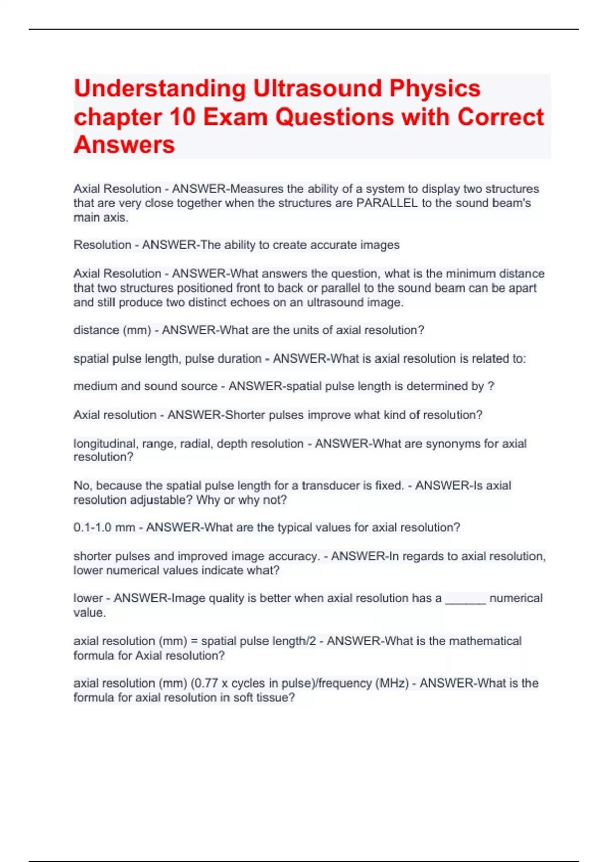 Understanding Ultrasound Physics chapter 10 Exam Questions with Correct ...