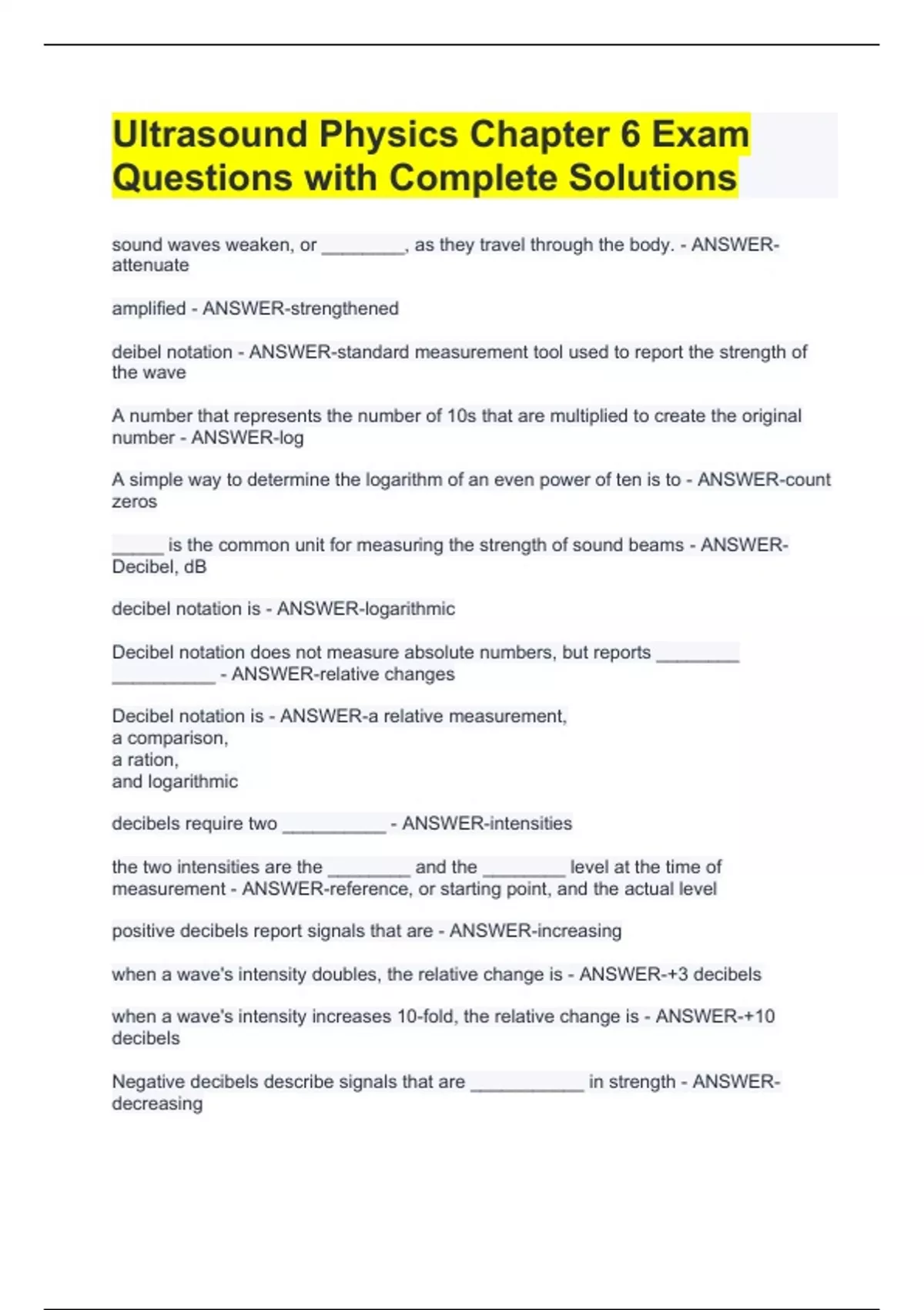 Ultrasound Physics Chapter 6 Exam Questions with Complete Solutions ...