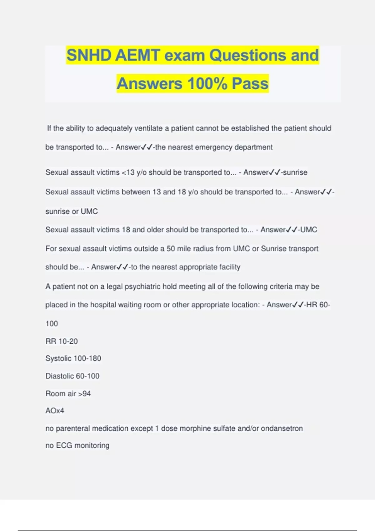 SNHD AEMT exam Questions and Answers 100% Pass - SNHD - Stuvia US