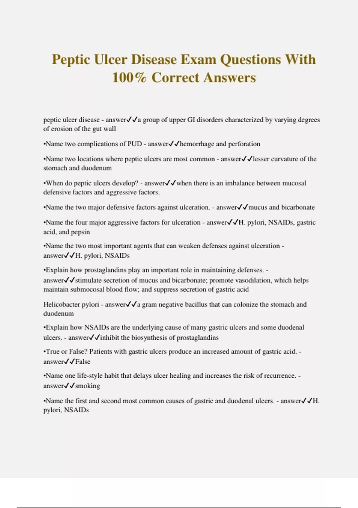 Peptic Ulcer Disease Exam Questions With 100% Correct Answers - Peptic ...