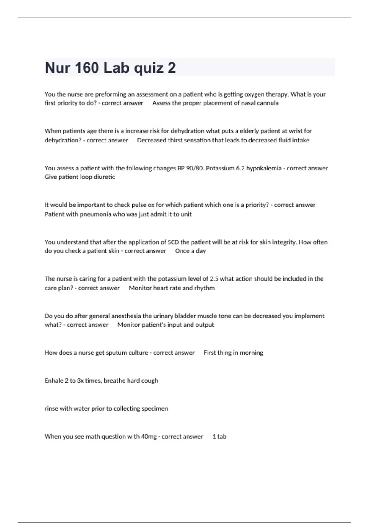 Nur 160 Lab quiz 2 Verified And Accurate Answers For Guaranteed Pass ...