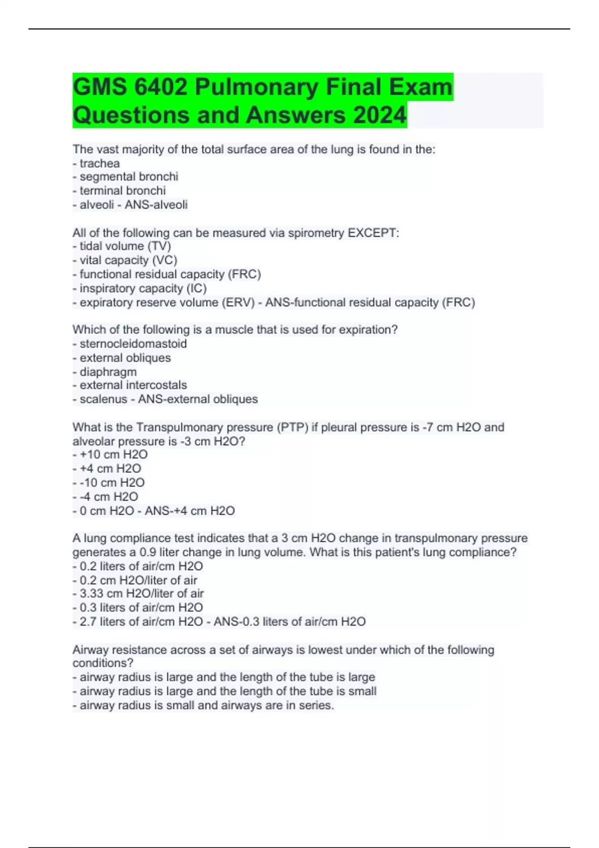 GMS 6402 Pulmonary Final Exam Questions and Answers 2024 - GMS 6402 - Stuvia US
