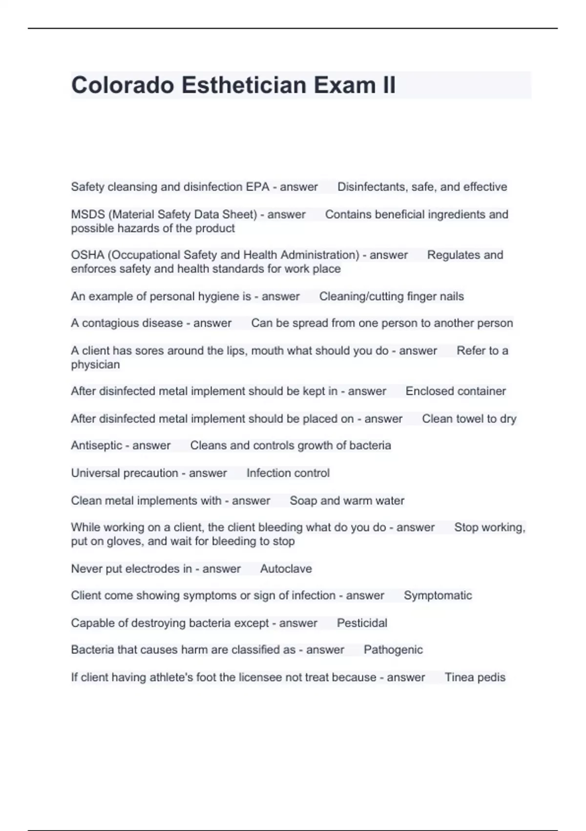 Colorado Esthetician Exam II, Questions with solutions 2024 - Colorado ...