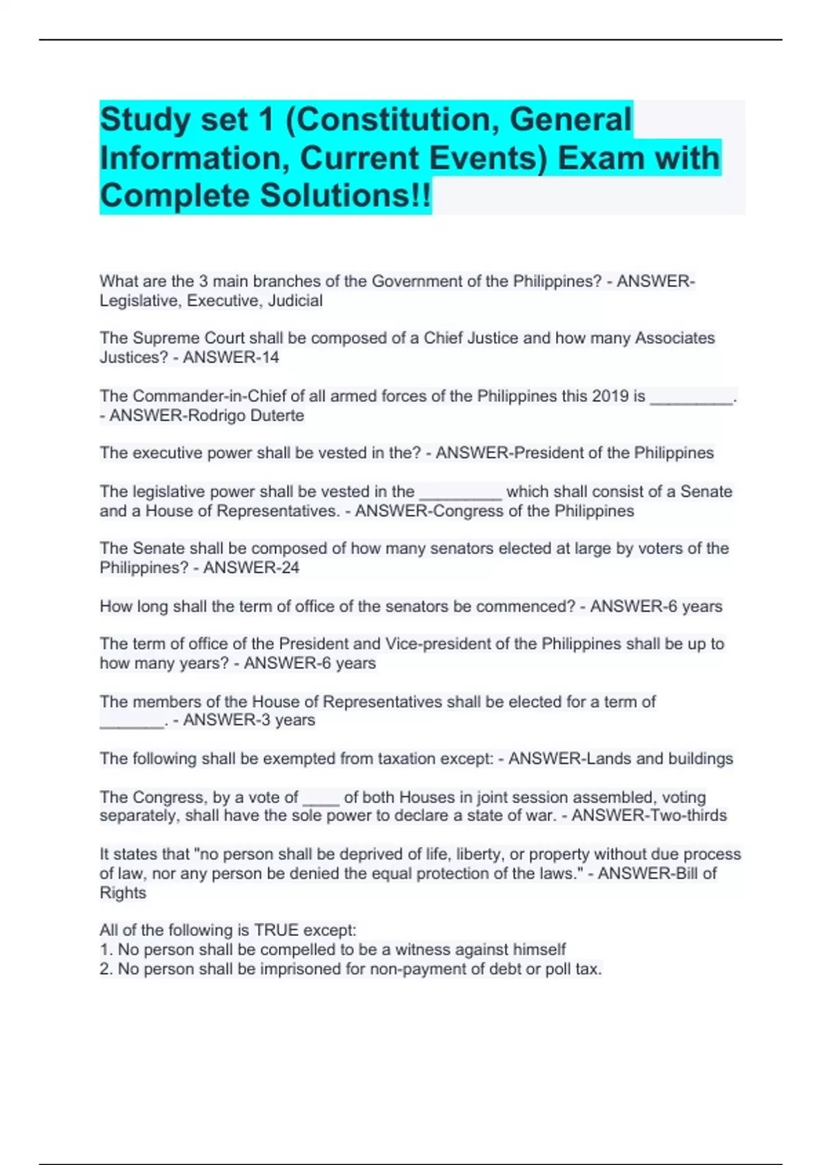 Study set 1 (Constitution, General Information, Current Events) Exam with Complete Solutions ...