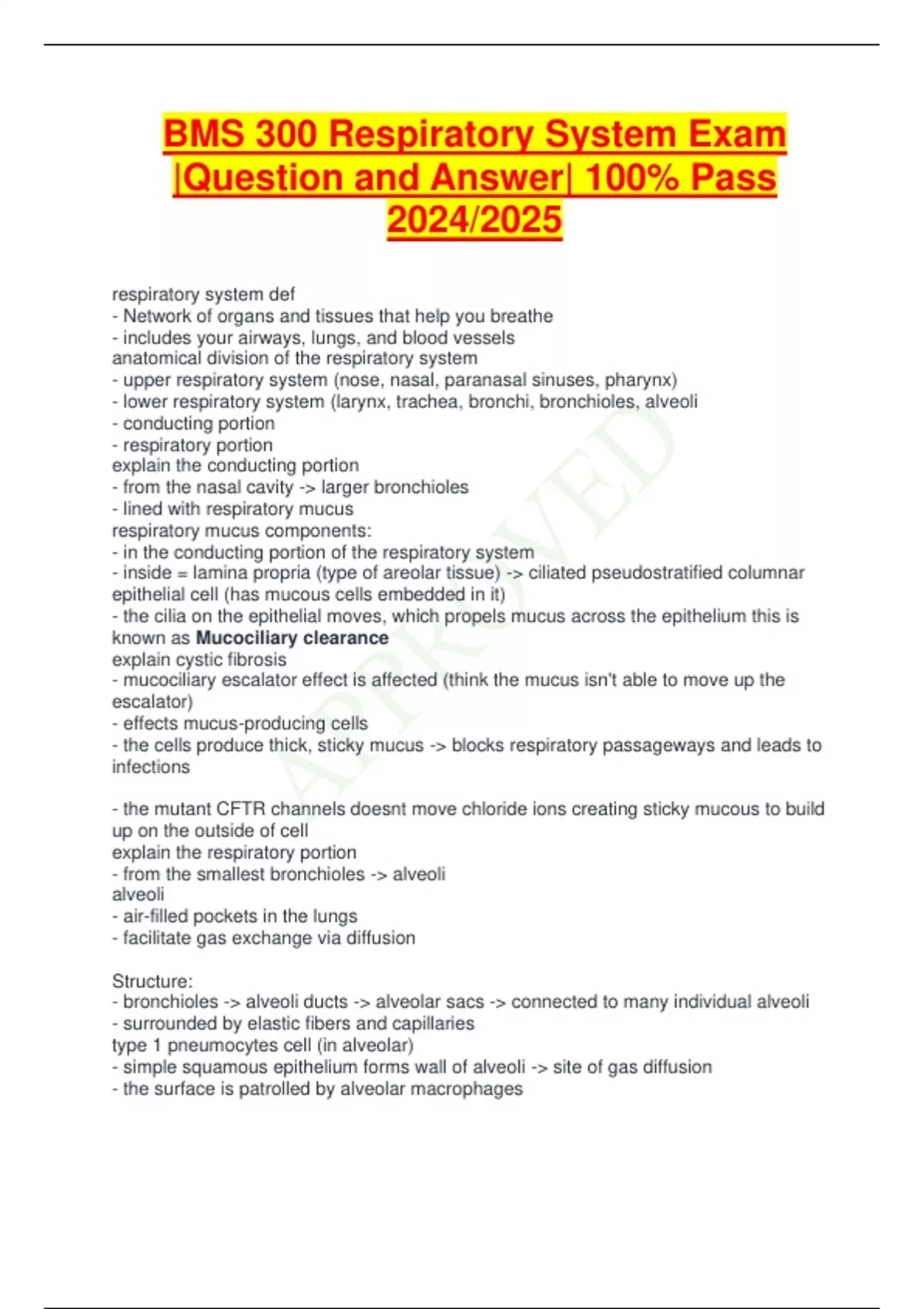 BMS 300 Respiratory System Exam |Question and Answer| 100% Pass 2024/ ...